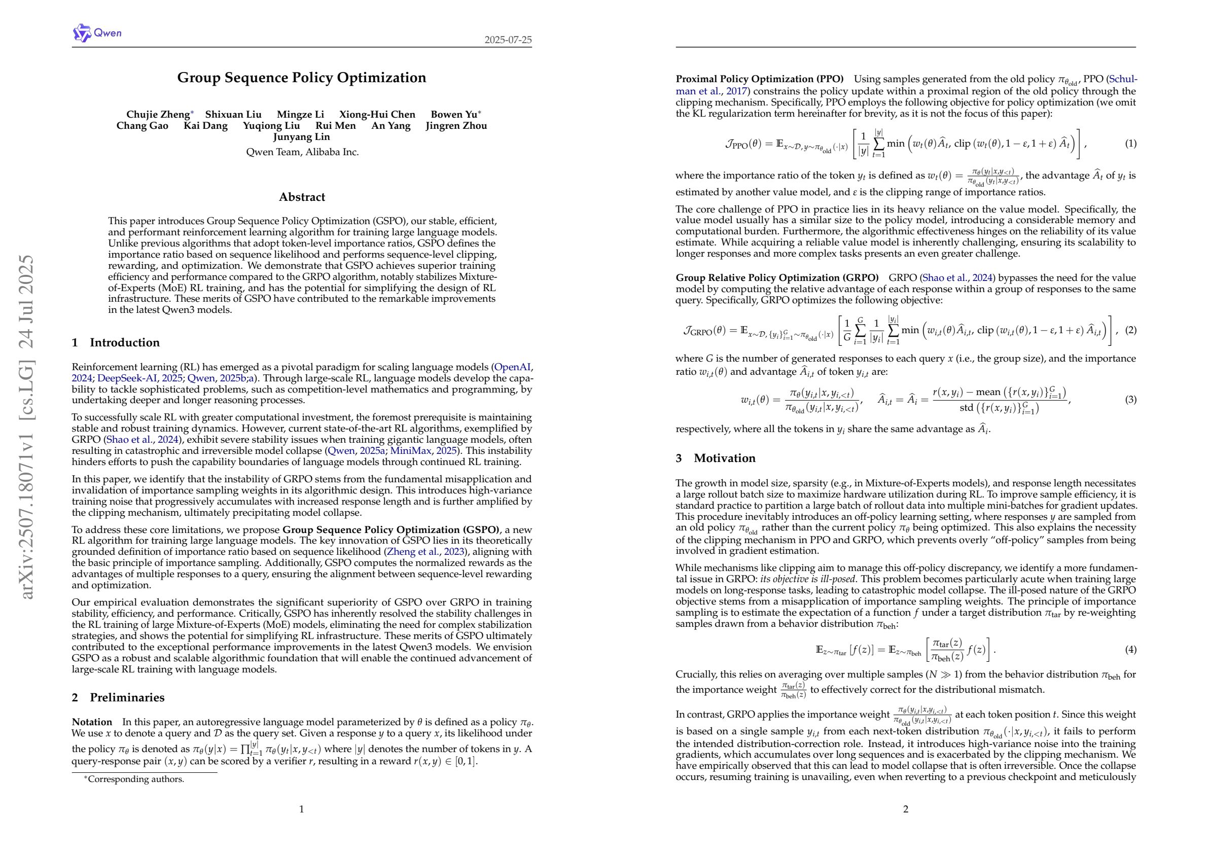 Group Sequence Policy Optimization