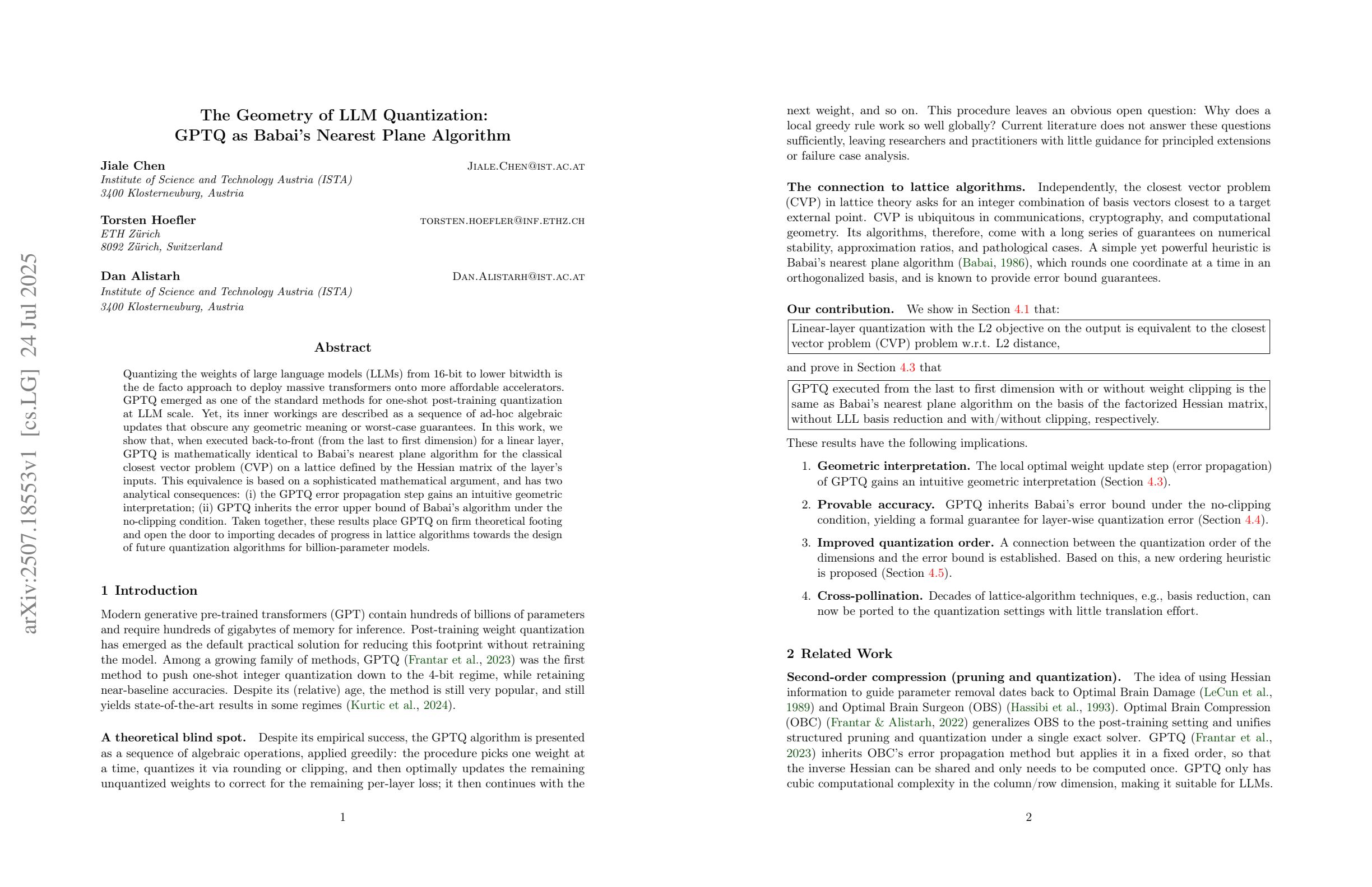 The Geometry of LLM Quantization: GPTQ as Babai's Nearest Plane Algorithm