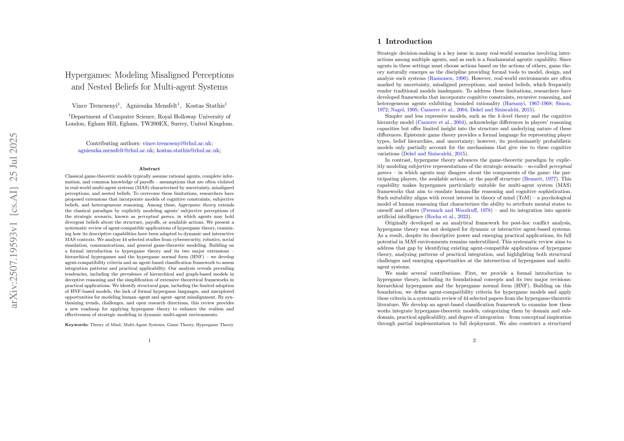 Hypergames: Modeling Misaligned Perceptions and Nested Beliefs for Multi-agent Systems