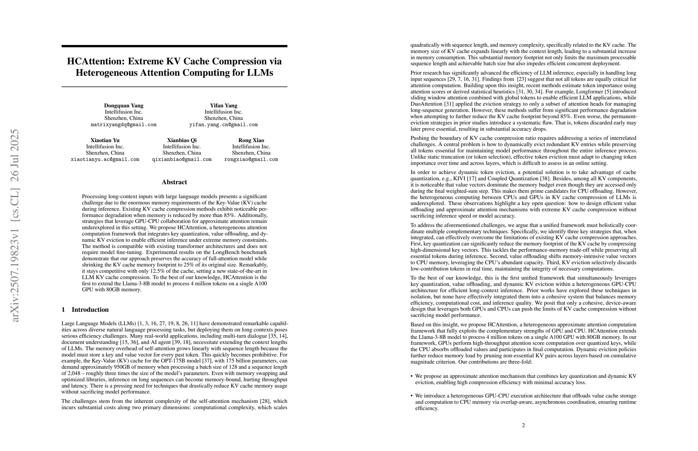 HCAttention: Extreme KV Cache Compression via Heterogeneous Attention Computing for LLMs
