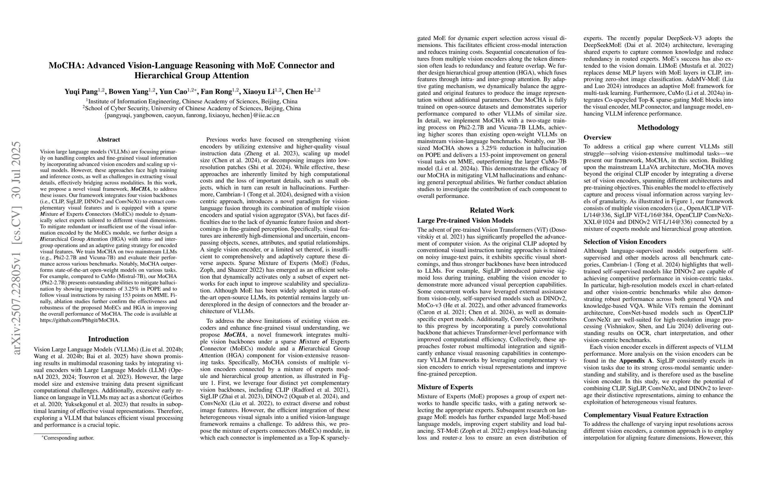 MoCHA: Advanced Vision-Language Reasoning with MoE Connector and Hierarchical Group Attention