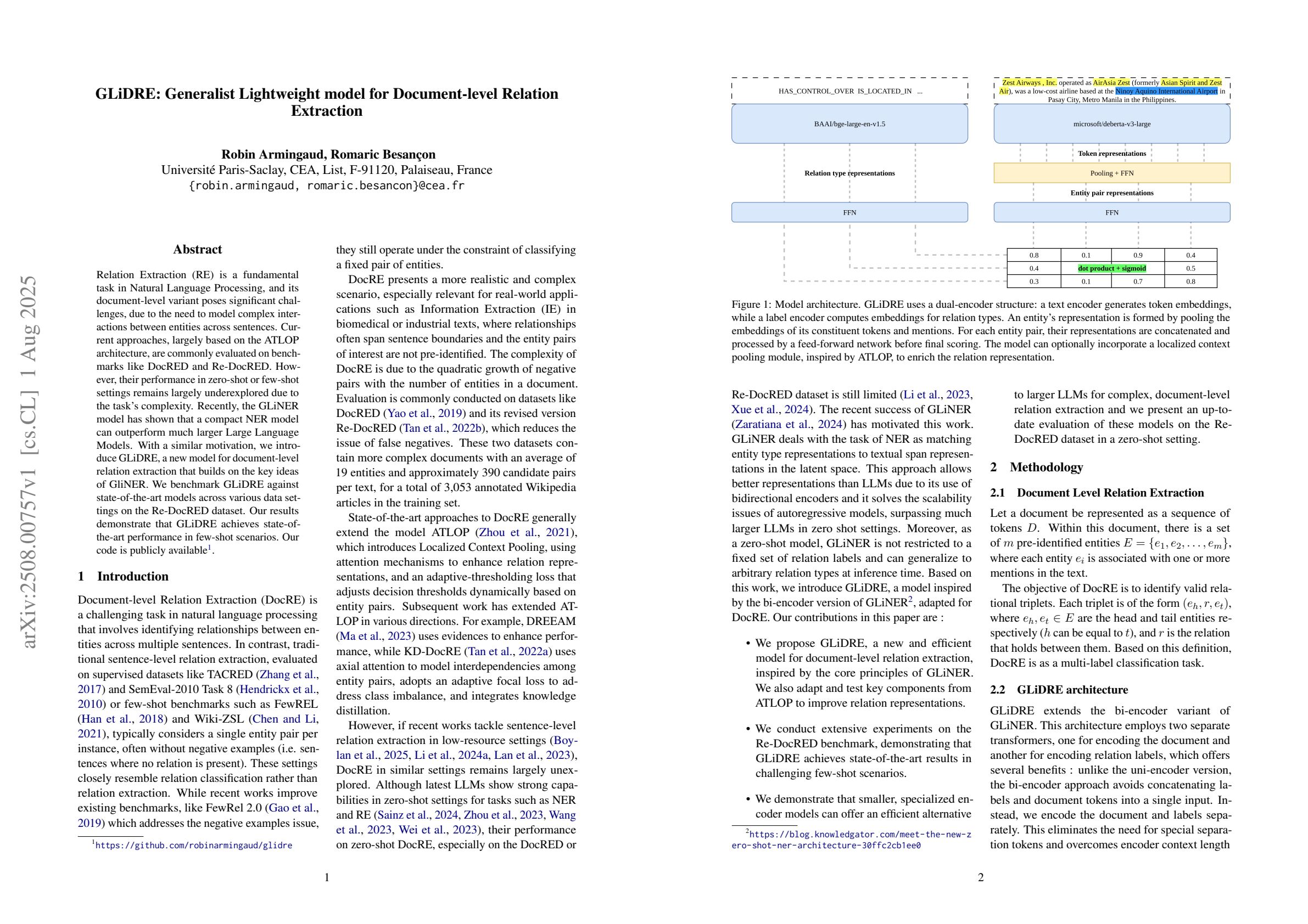 GLiDRE: Generalist Lightweight model for Document-level Relation Extraction