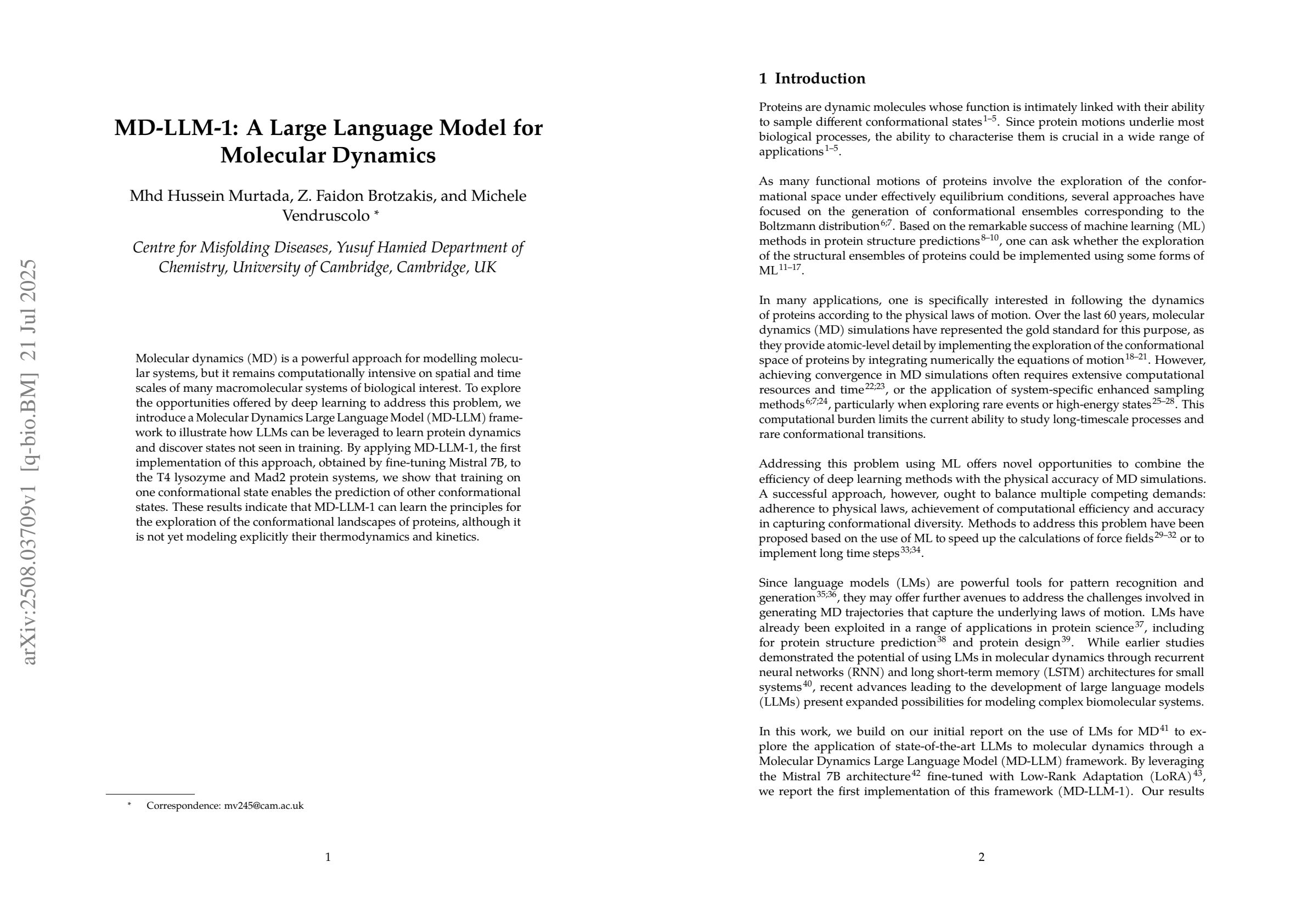 MD-LLM-1: A Large Language Model for Molecular Dynamics
