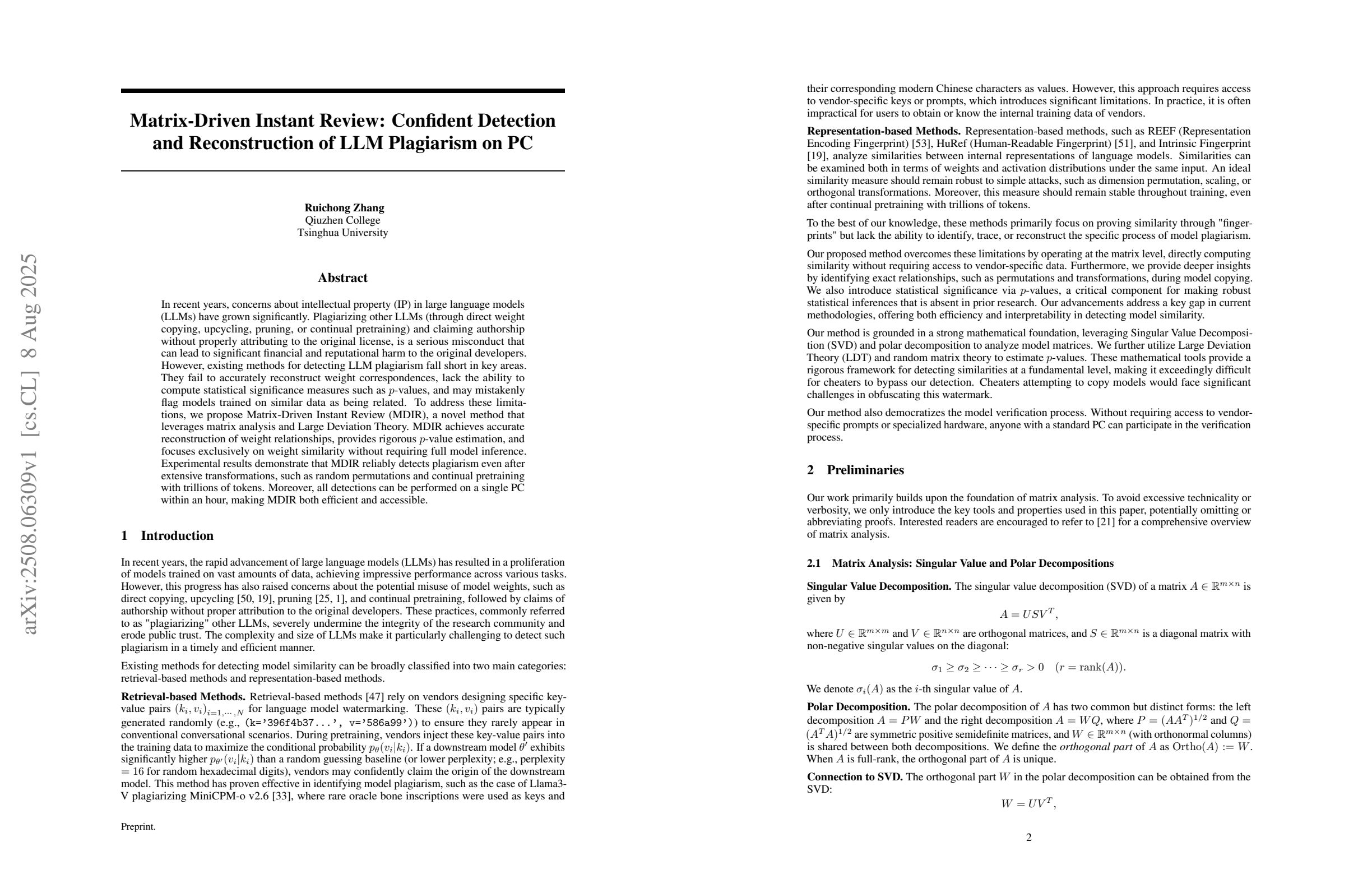 Matrix-Driven Instant Review: Confident Detection and Reconstruction of LLM Plagiarism on PC