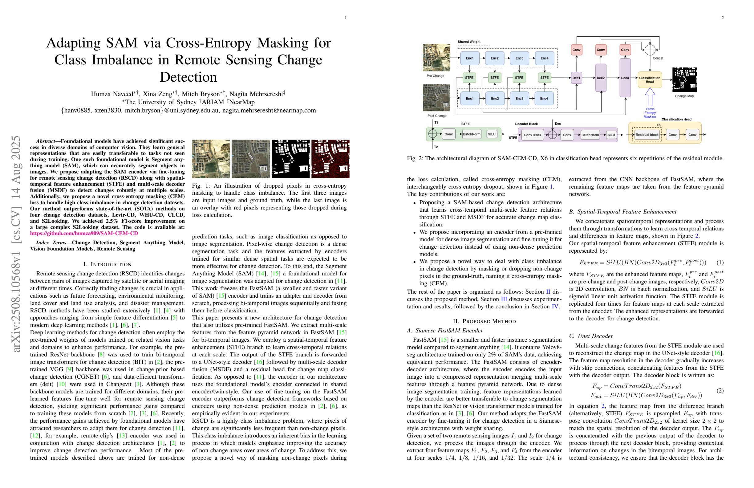 Adapting SAM via Cross-Entropy Masking for Class Imbalance in Remote Sensing Change Detection