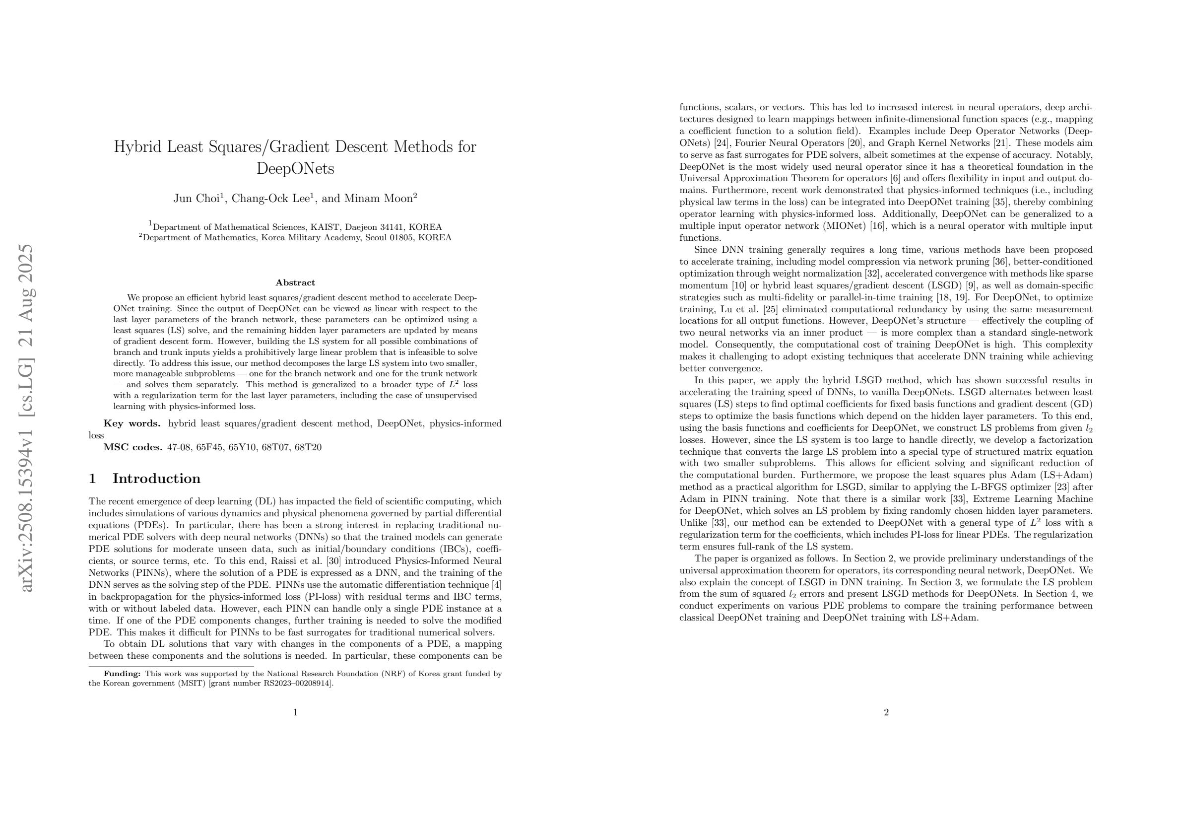 Hybrid Least Squares/Gradient Descent Methods for DeepONets