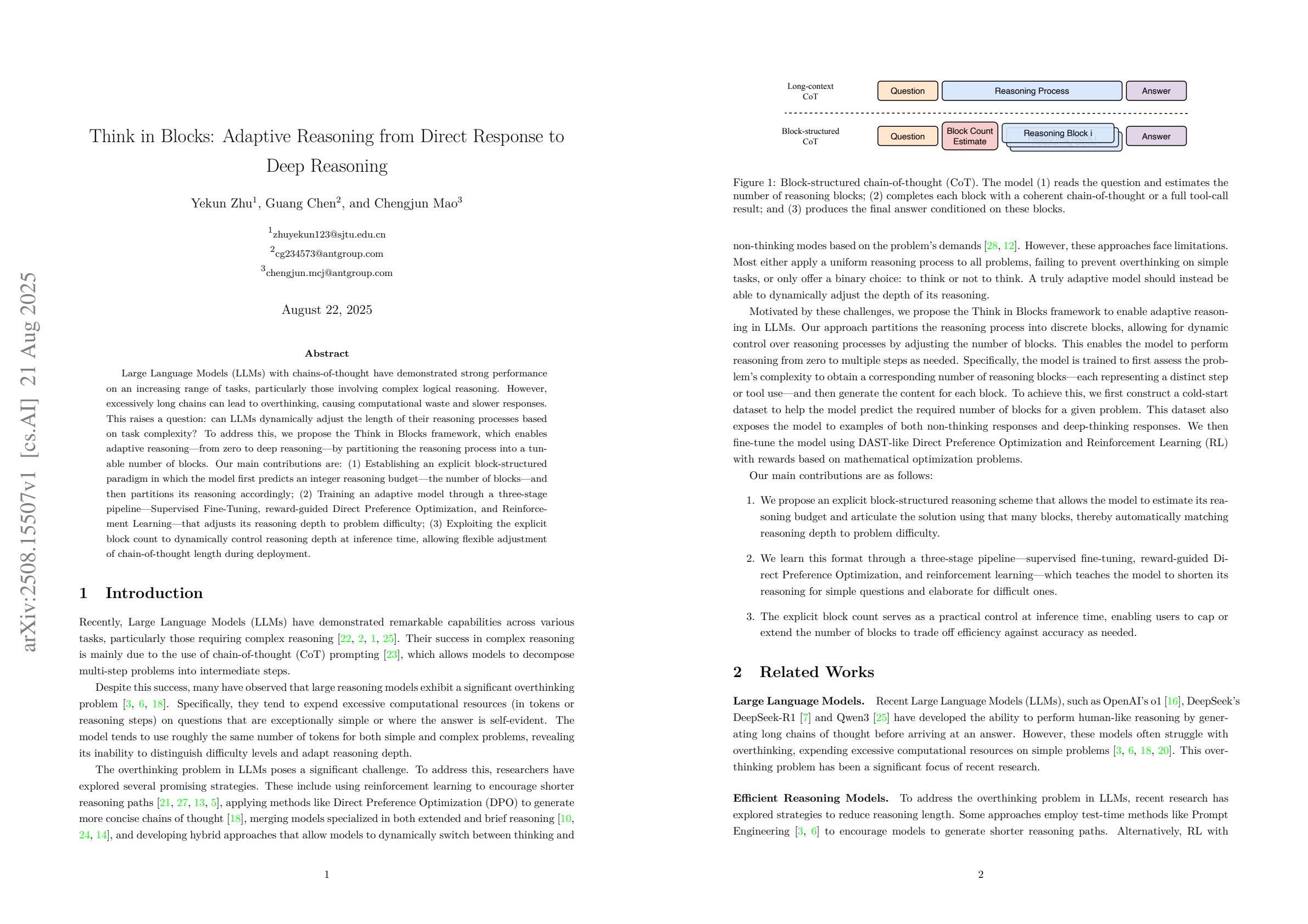 Think in Blocks: Adaptive Reasoning from Direct Response to Deep Reasoning
