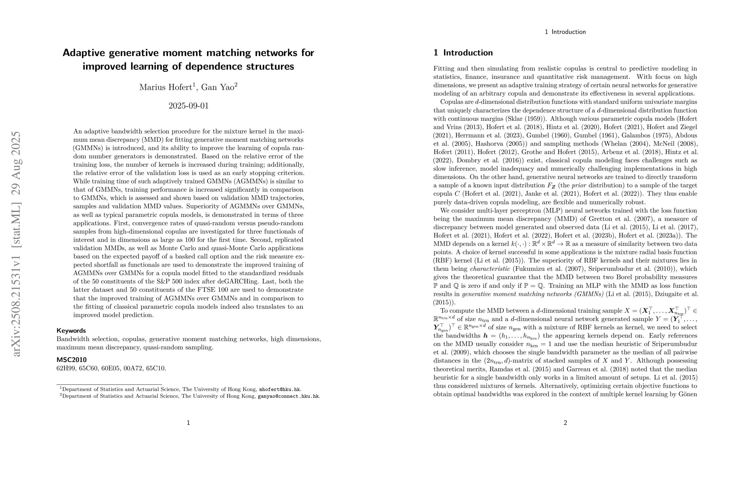 Adaptive generative moment matching networks for improved learning of dependence structures