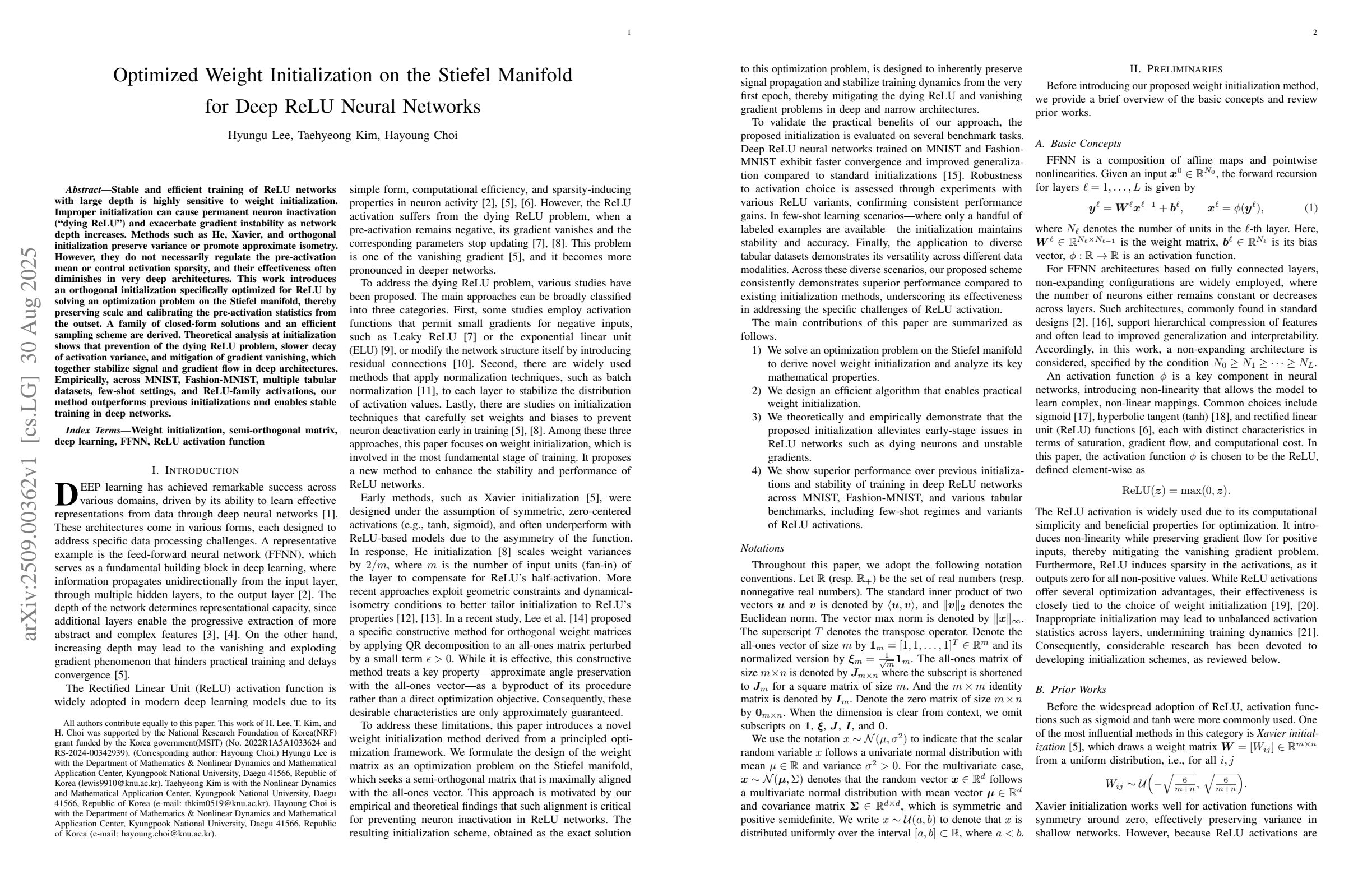 Optimized Weight Initialization on the Stiefel Manifold for Deep ReLU Neural Networks