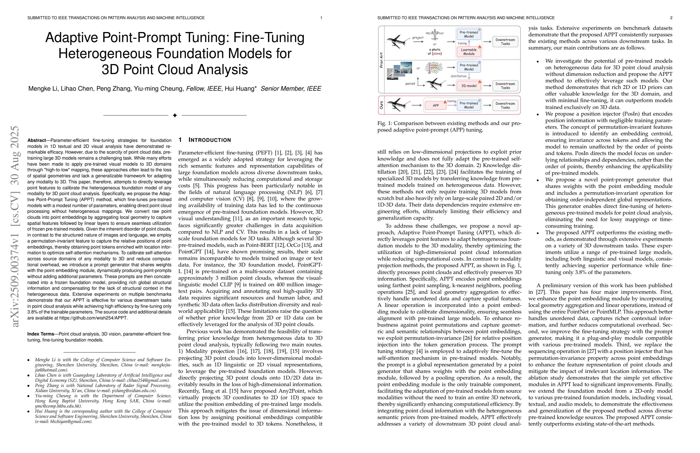 Adaptive Point-Prompt Tuning: Fine-Tuning Heterogeneous Foundation ...