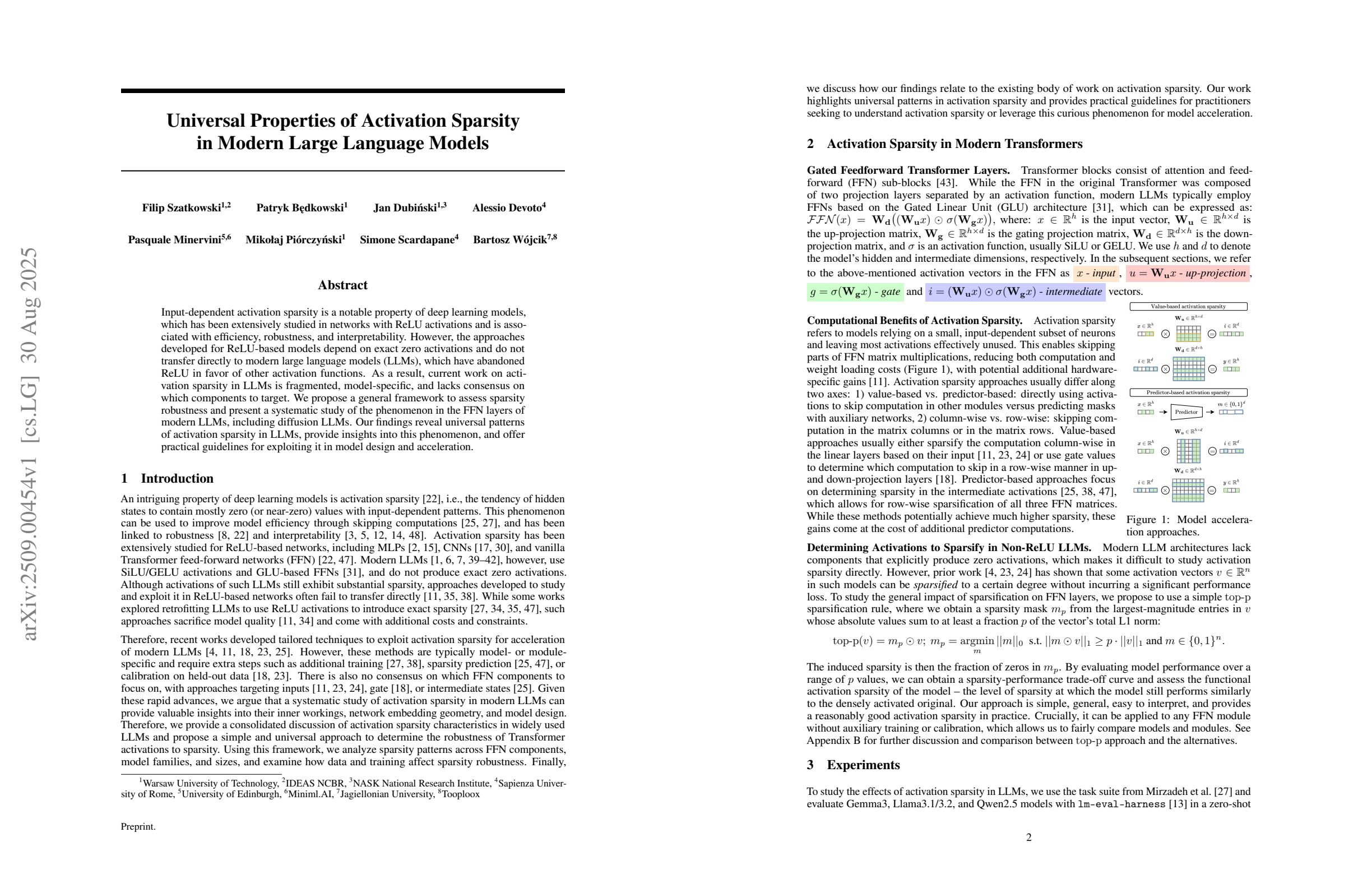 Universal Properties of Activation Sparsity in Modern Large Language Models