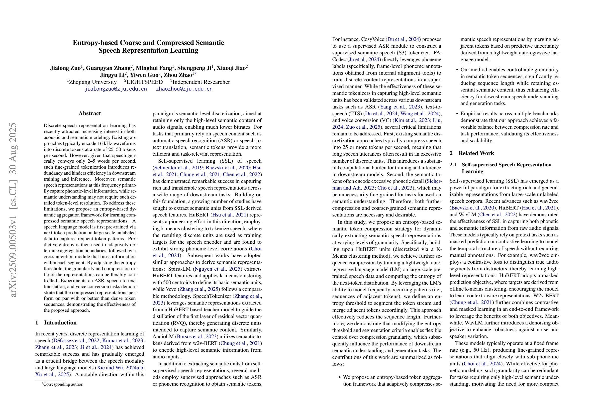 Entropy-based Coarse and Compressed Semantic Speech Representation Learning