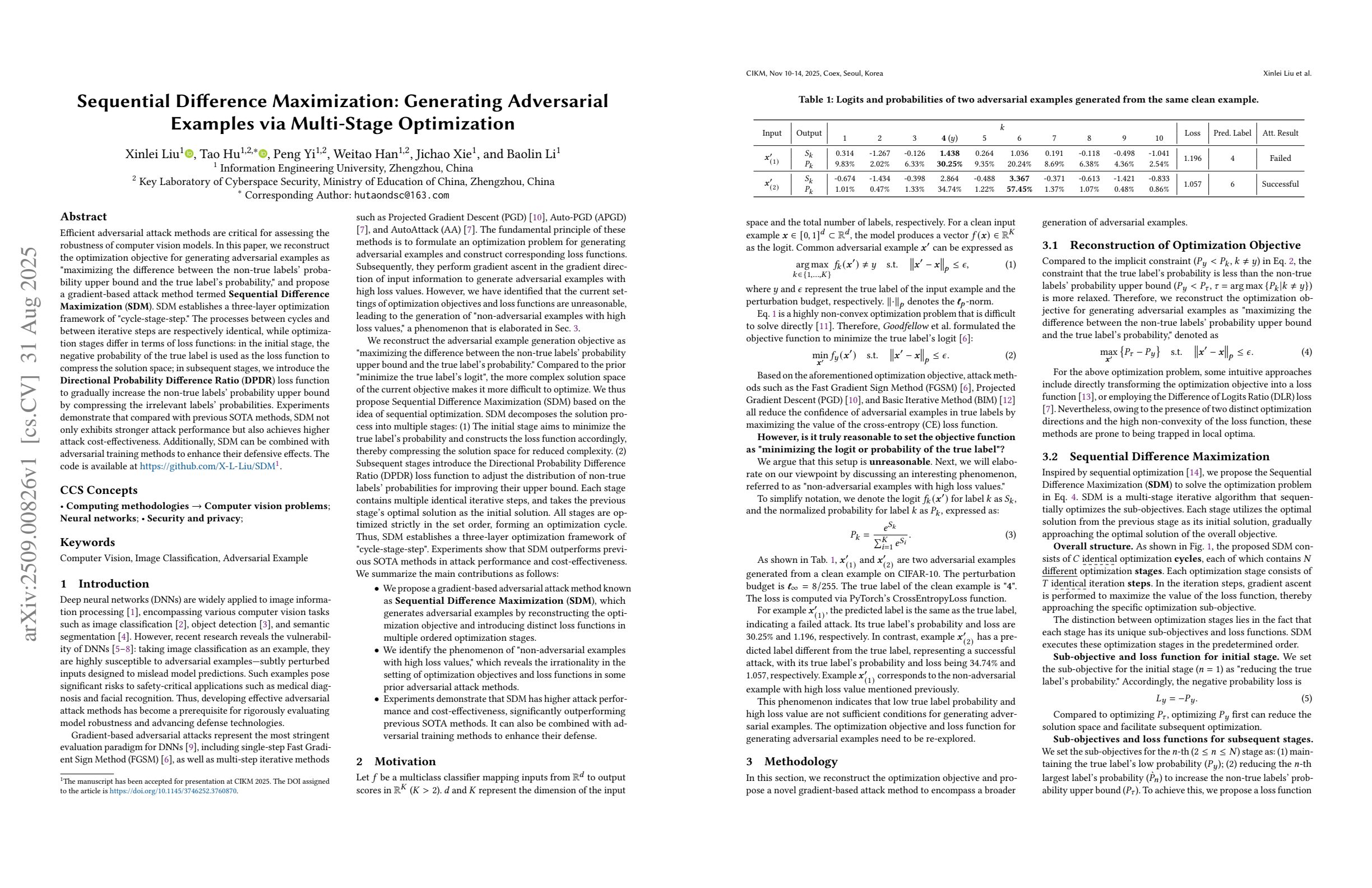 Sequential Difference Maximization: Generating Adversarial Examples via Multi-Stage Optimization