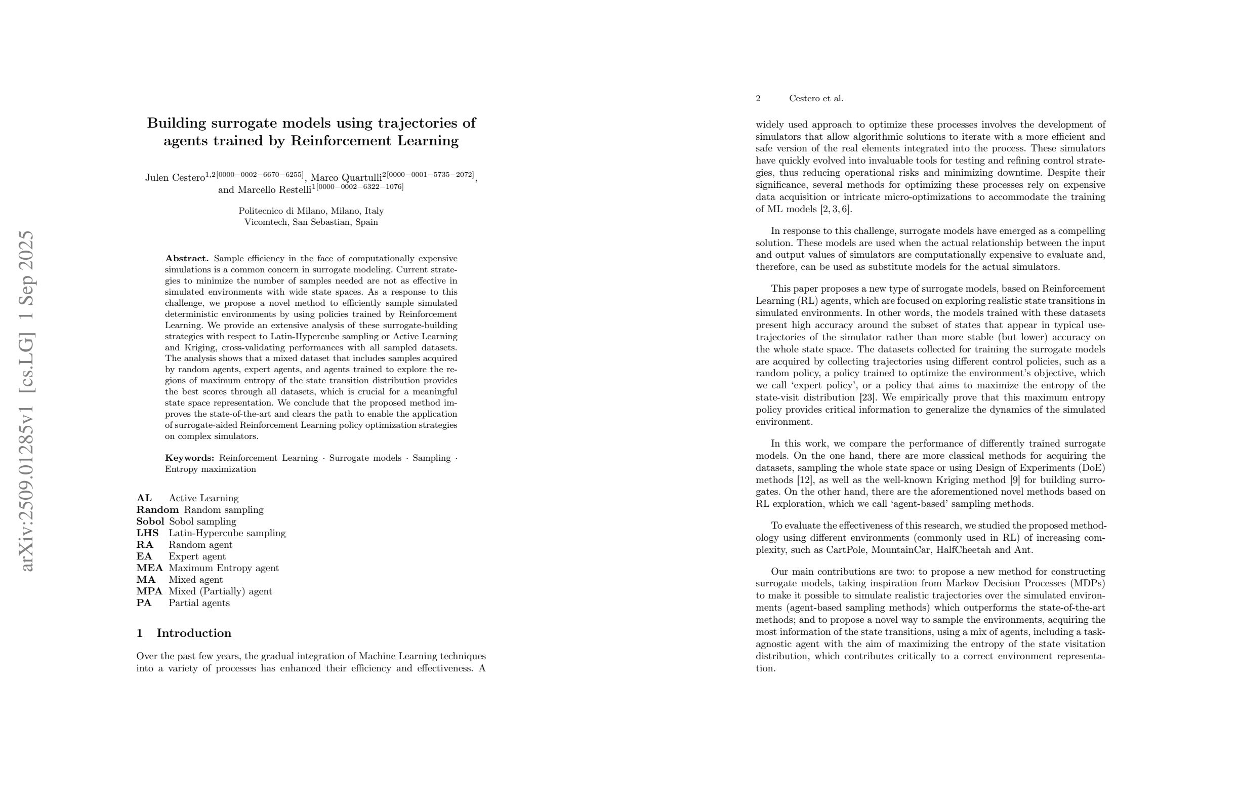 Building surrogate models using trajectories of agents trained by Reinforcement Learning