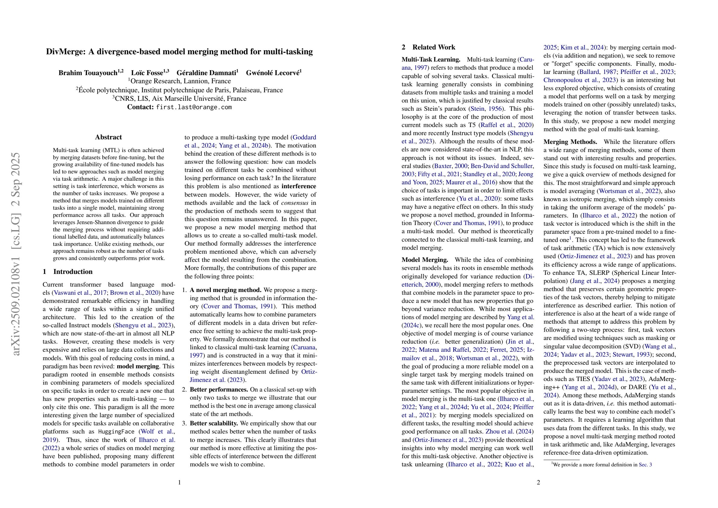 DivMerge: A divergence-based model merging method for multi-tasking