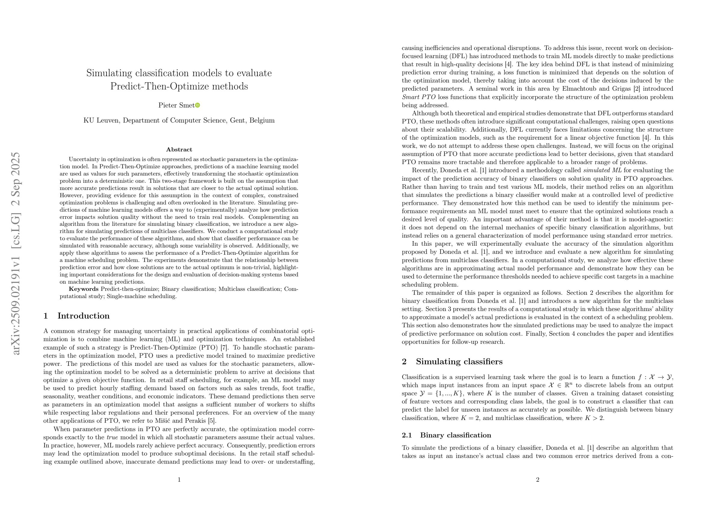 Simulating classification models to evaluate Predict-Then-Optimize methods