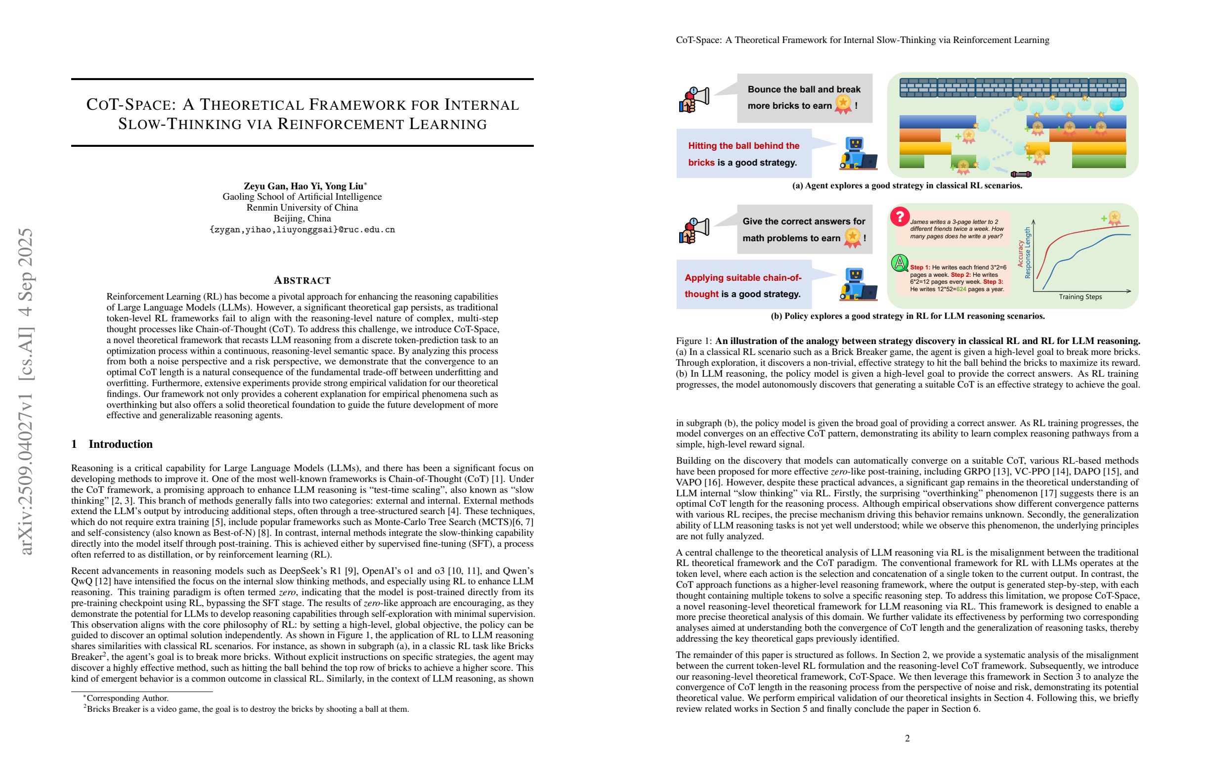 CoT-Space: A Theoretical Framework for Internal Slow-Thinking via Reinforcement Learning