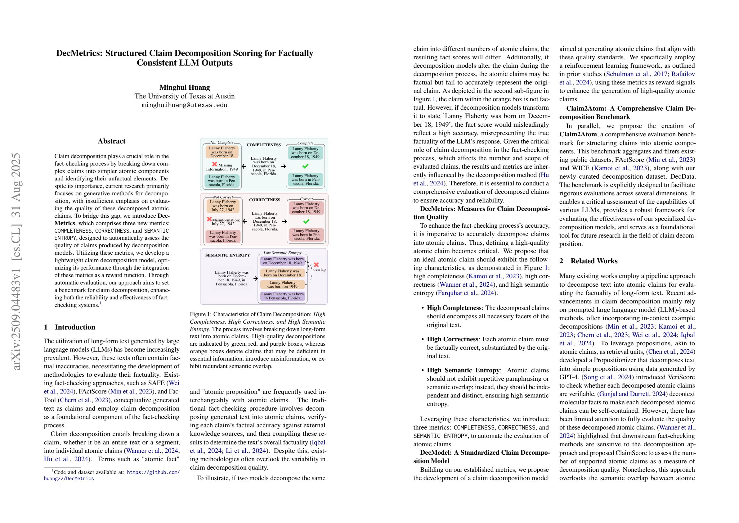 DecMetrics: Structured Claim Decomposition Scoring for Factually Consistent LLM Outputs