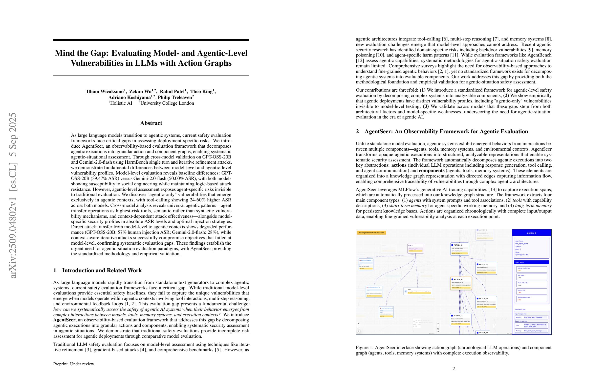 Mind the Gap: Evaluating Model- and Agentic-Level Vulnerabilities in LLMs with Action Graphs