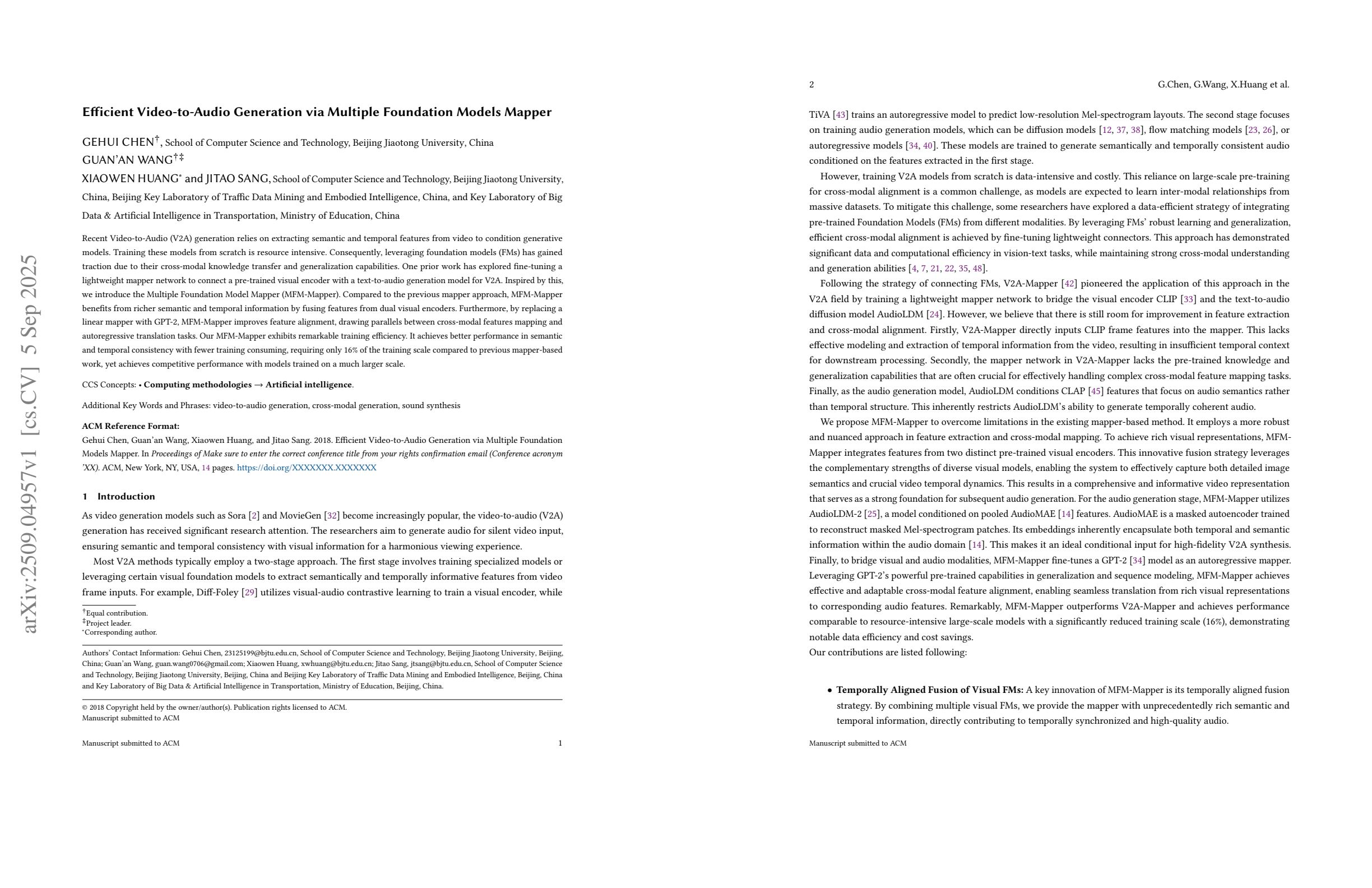 Efficient Video-to-Audio Generation via Multiple Foundation Models Mapper