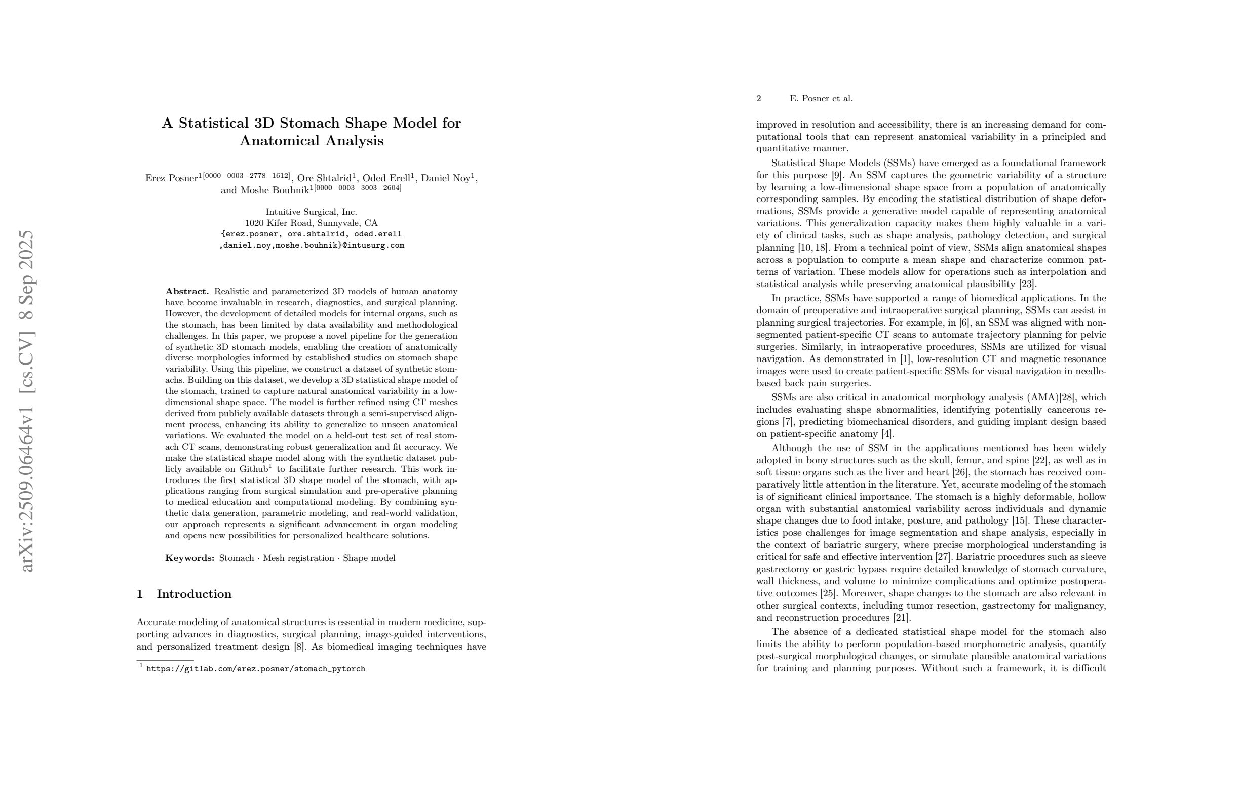 A Statistical 3D Stomach Shape Model for Anatomical Analysis