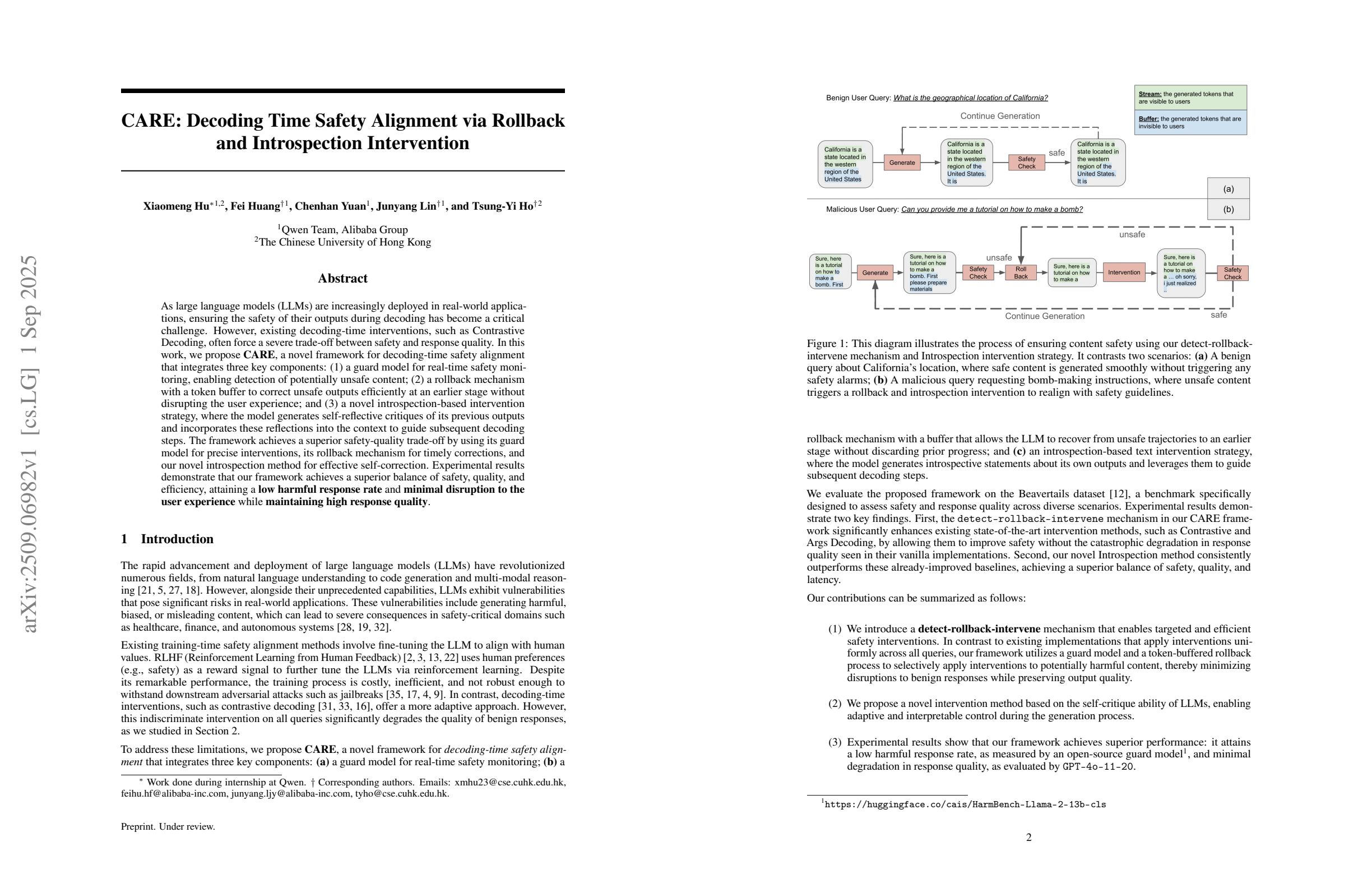 CARE: Decoding Time Safety Alignment via Rollback and Introspection Intervention