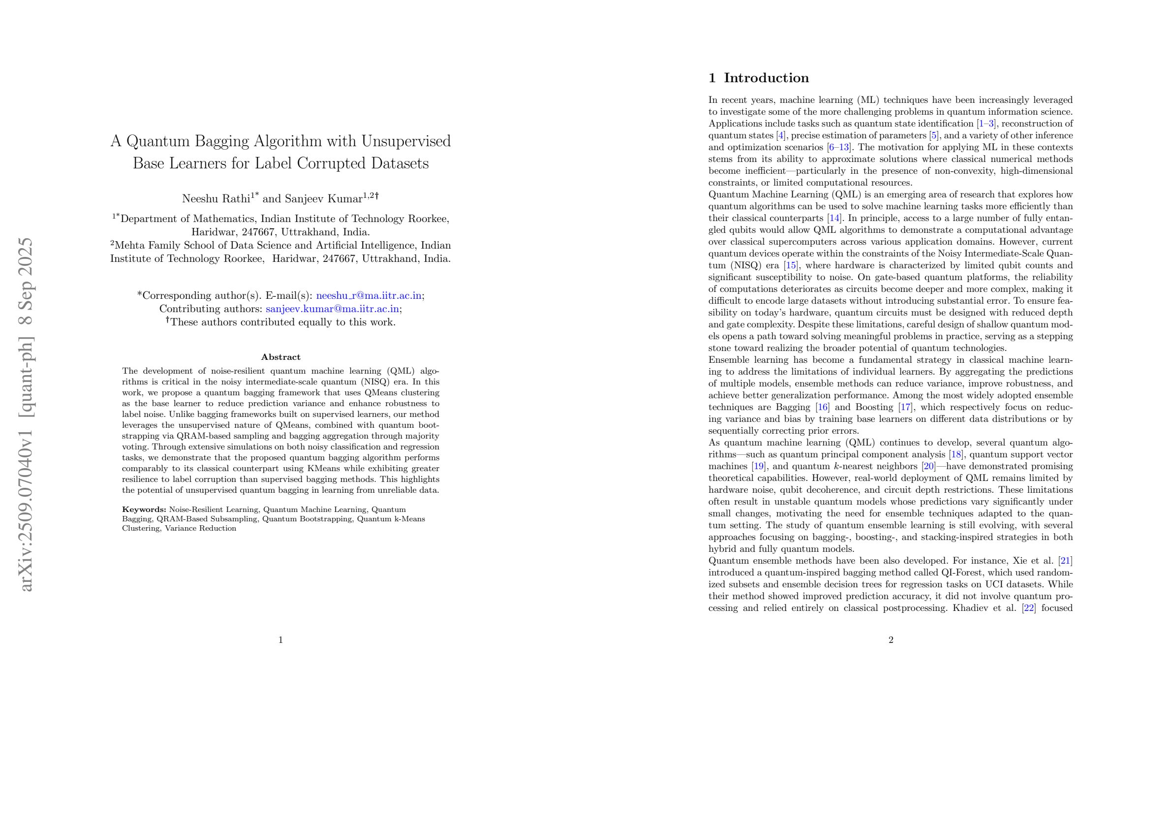 A Quantum Bagging Algorithm with Unsupervised Base Learners for Label ...
