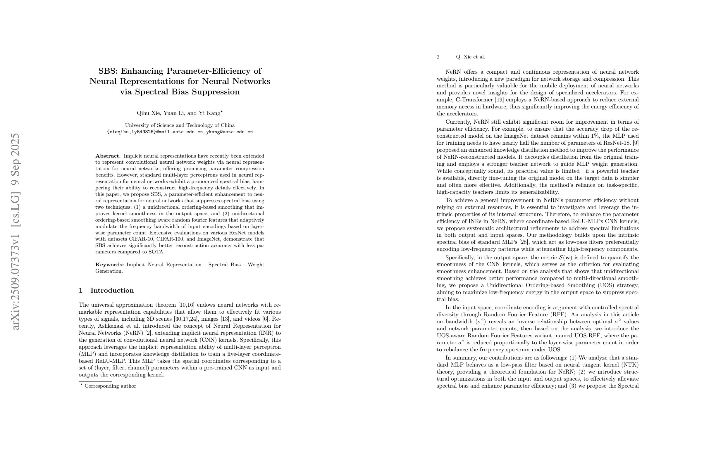 SBS: Enhancing Parameter-Efficiency of Neural Representations for Neural Networks via Spectral ...