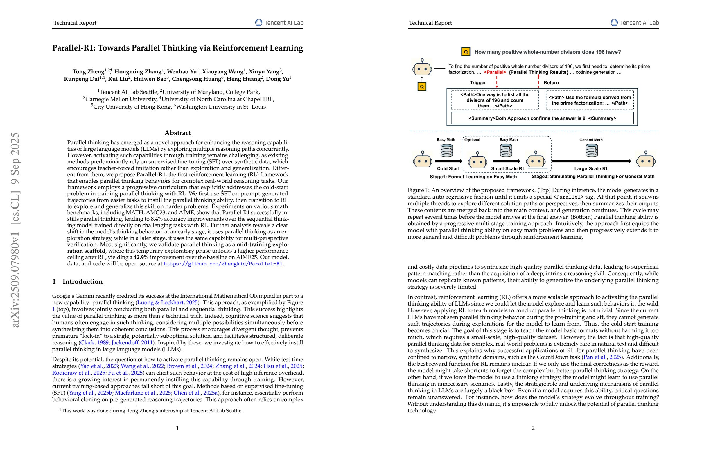 Parallel-R1: Towards Parallel Thinking via Reinforcement Learning