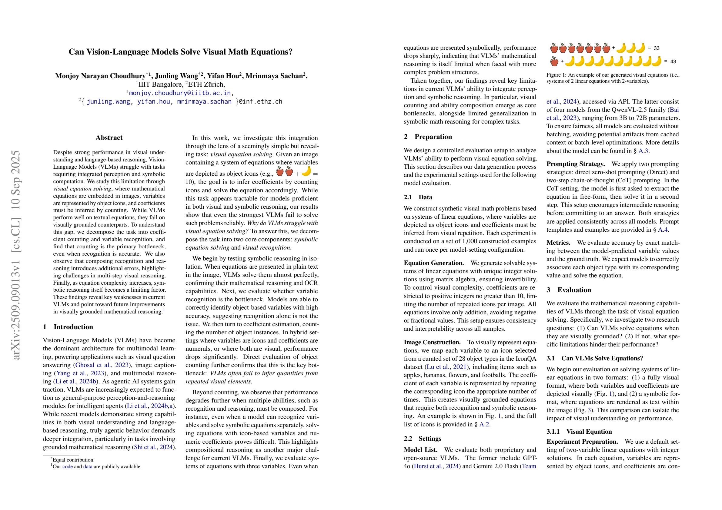 Can Vision-Language Models Solve Visual Math Equations?