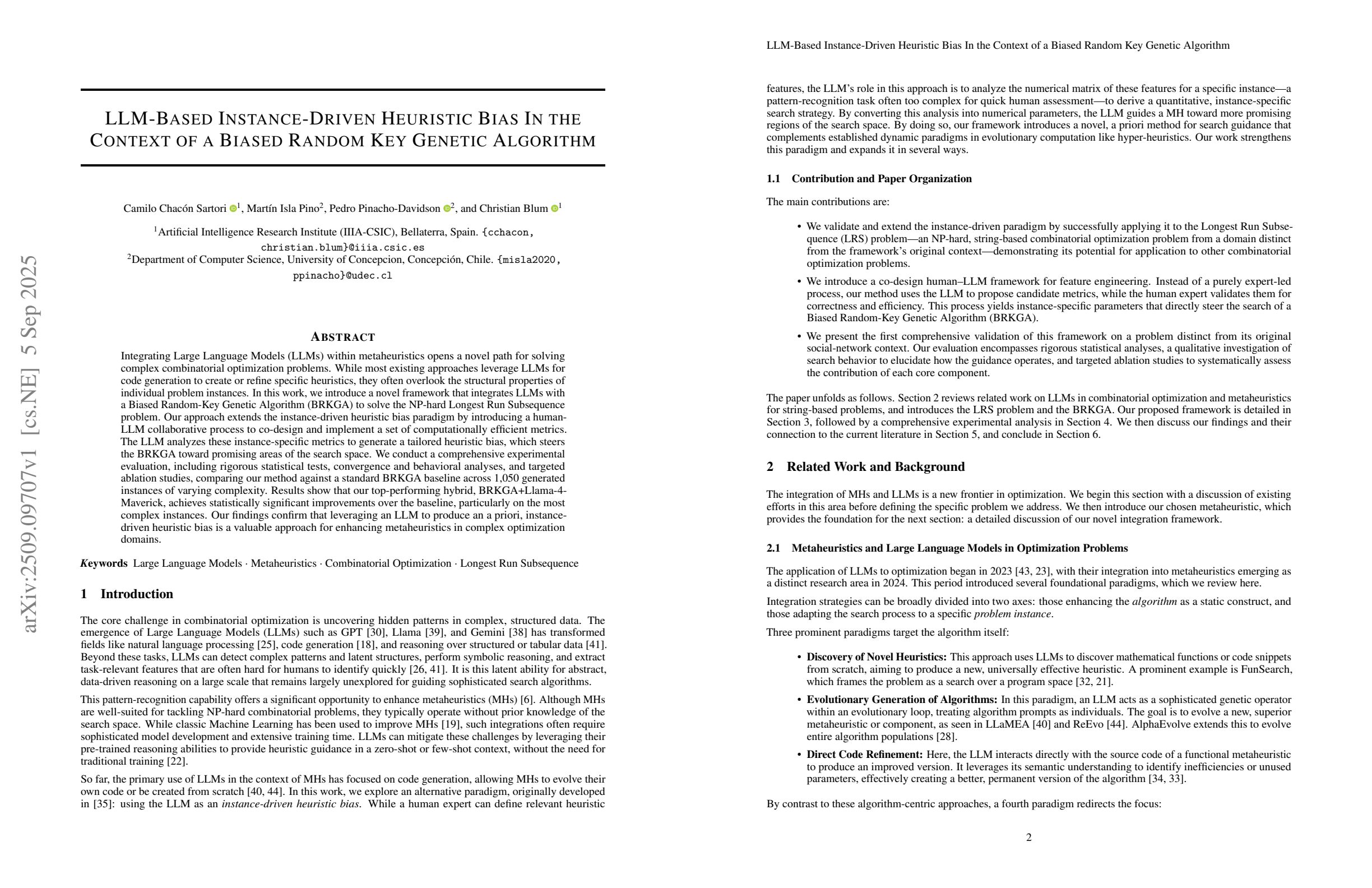 LLM-Based Instance-Driven Heuristic Bias In the Context of a Biased Random Key Genetic Algorithm