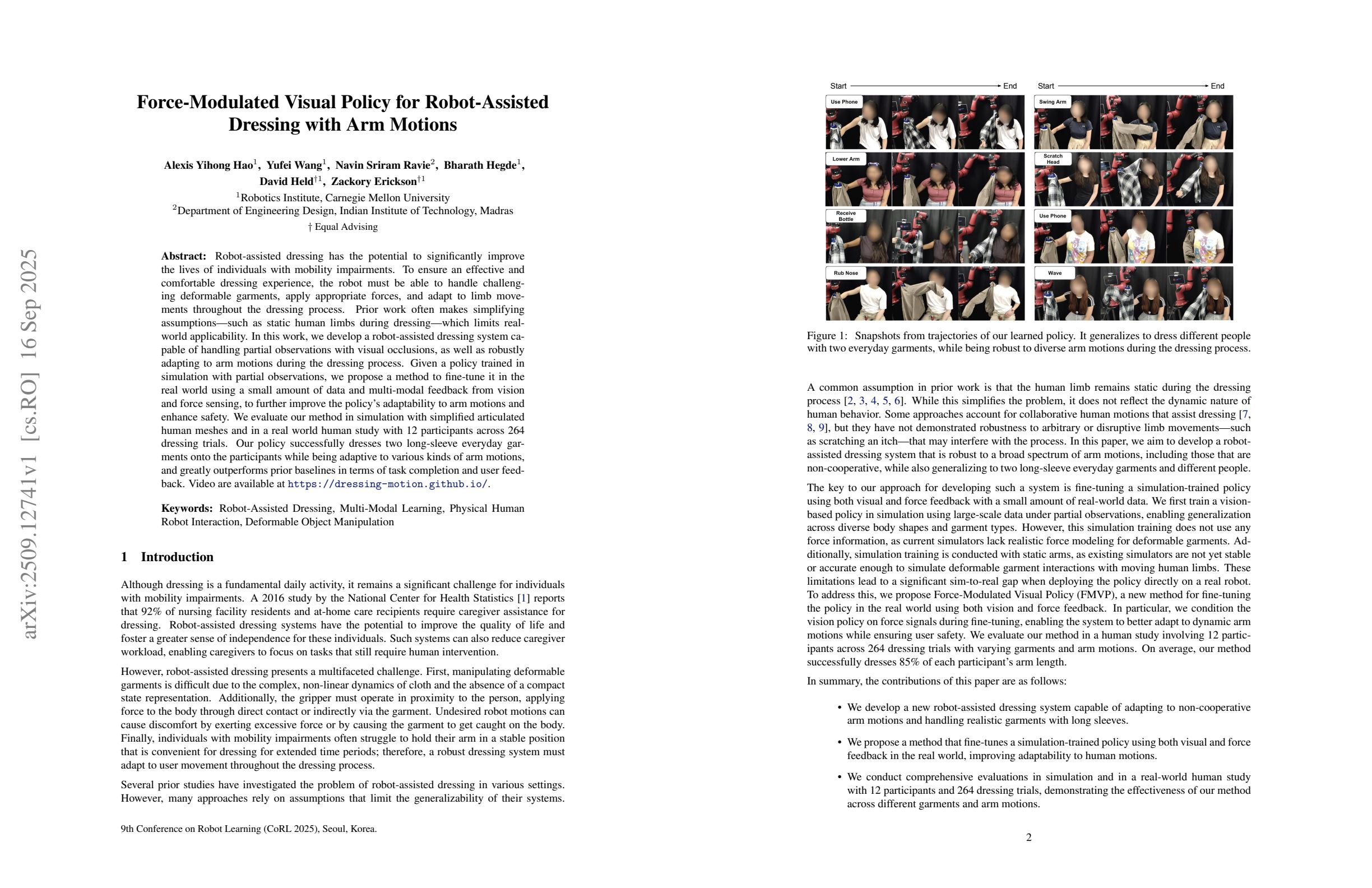Force-Modulated Visual Policy for Robot-Assisted Dressing with Arm Motions