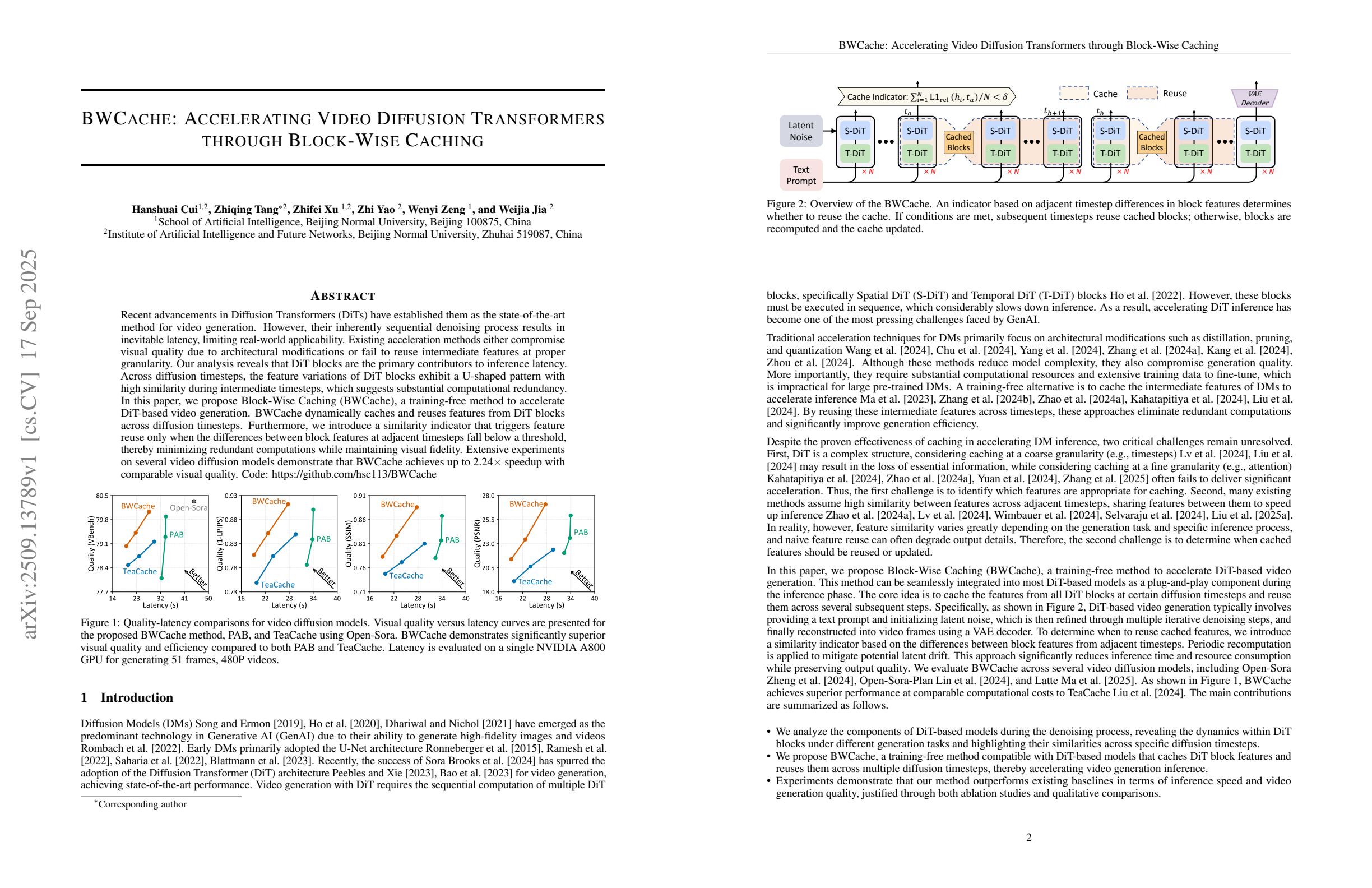 BWCache: Accelerating Video Diffusion Transformers through Block-Wise Caching