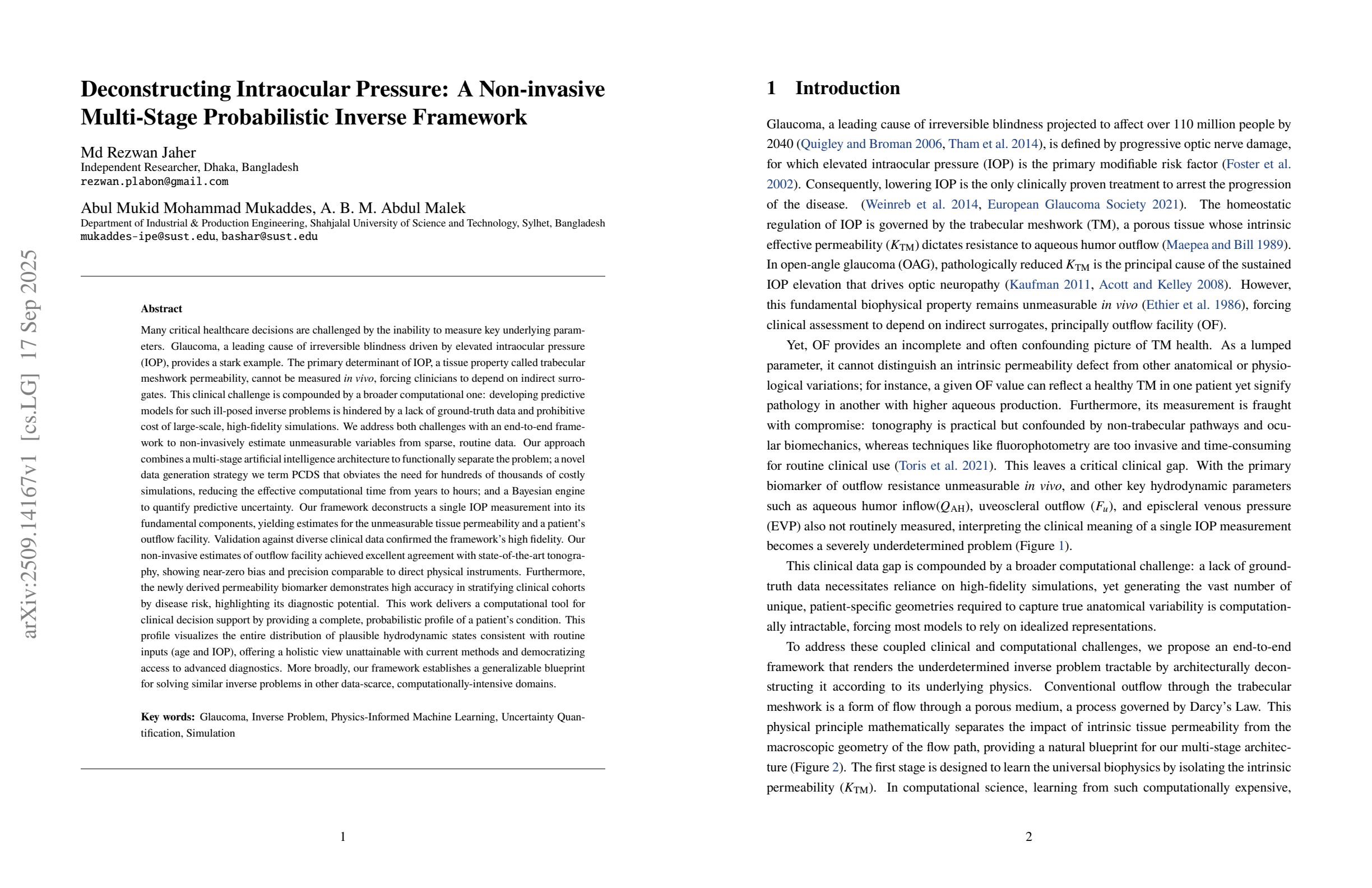 Deconstructing Intraocular Pressure: A Non-invasive Multi-Stage Probabilistic Inverse Framework