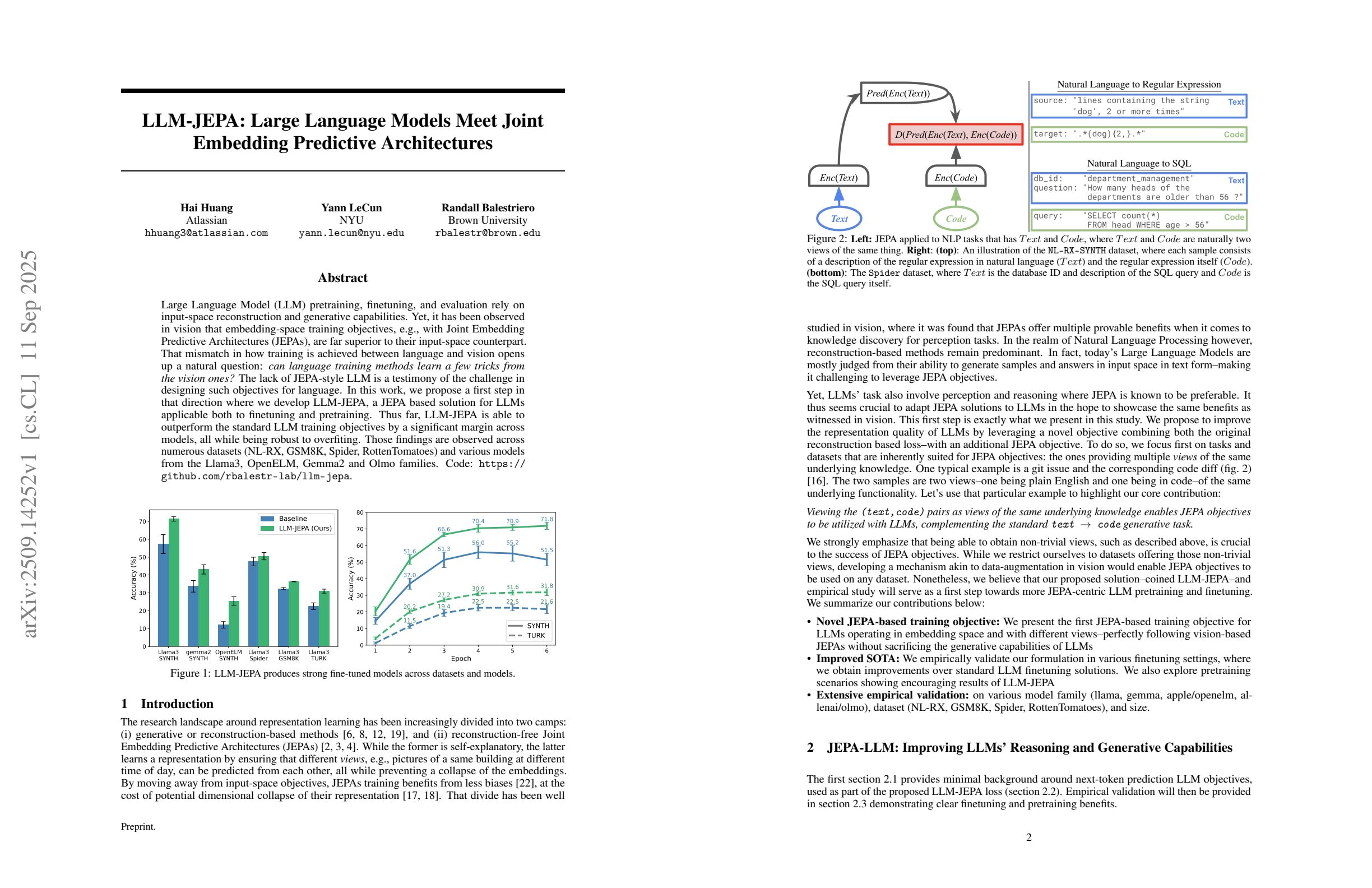 LLM-JEPA: Large Language Models Meet Joint Embedding Predictive Architectures
