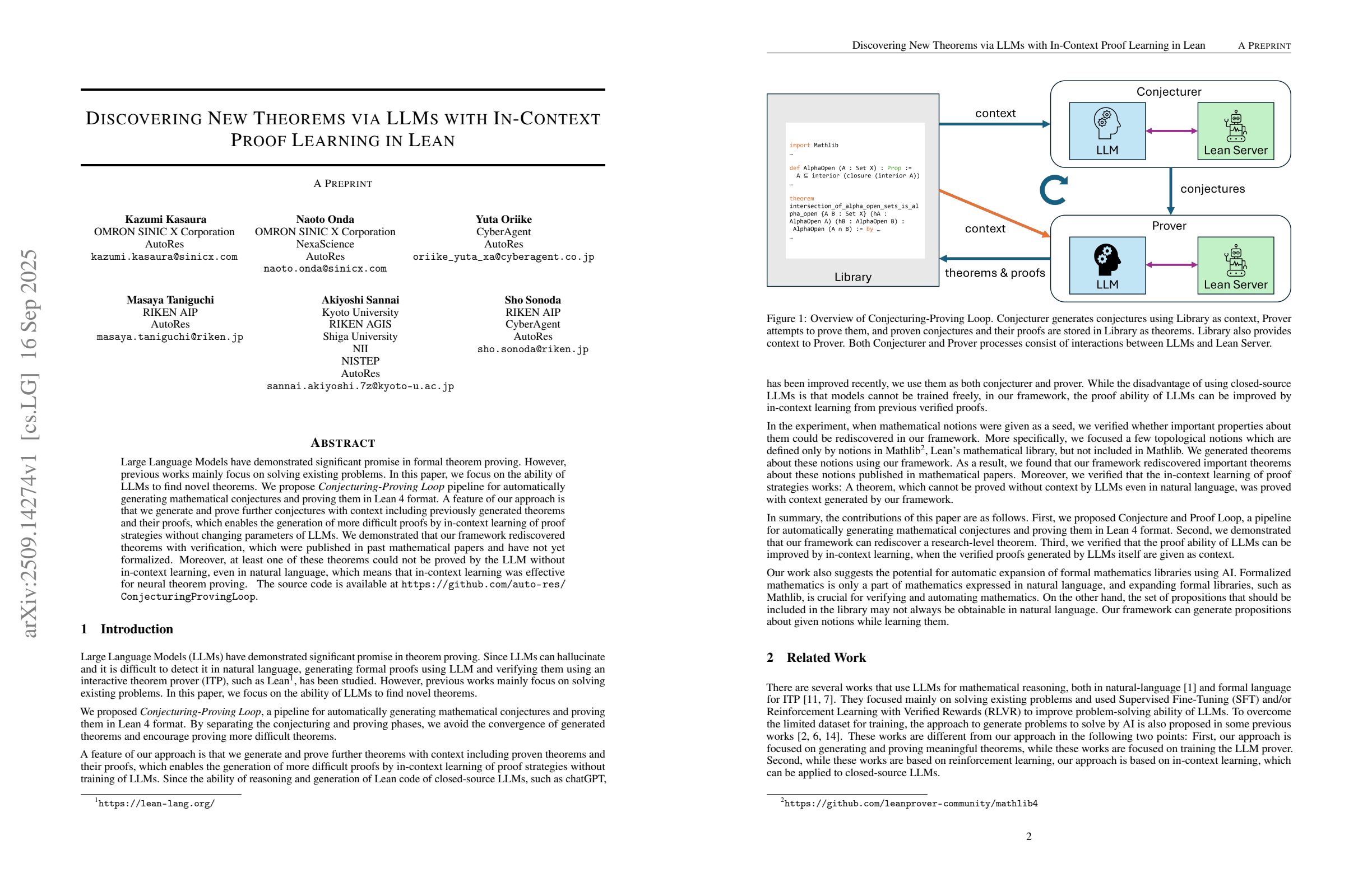 Discovering New Theorems via LLMs with In-Context Proof Learning in Lean