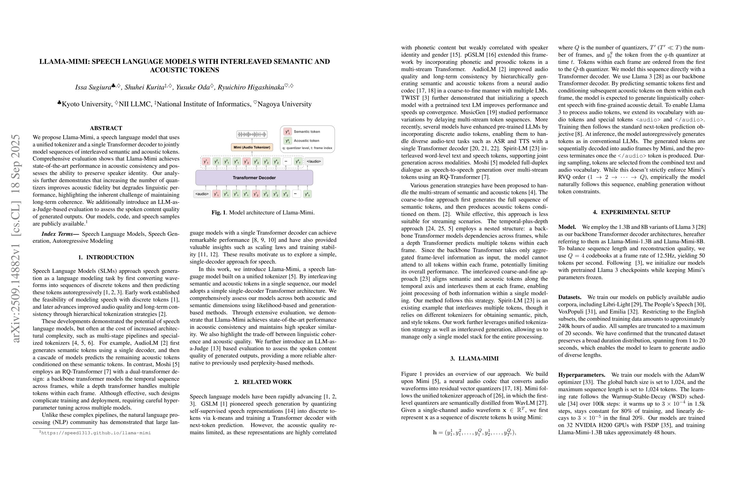 Llama-Mimi: Speech Language Models with Interleaved Semantic and Acoustic Tokens