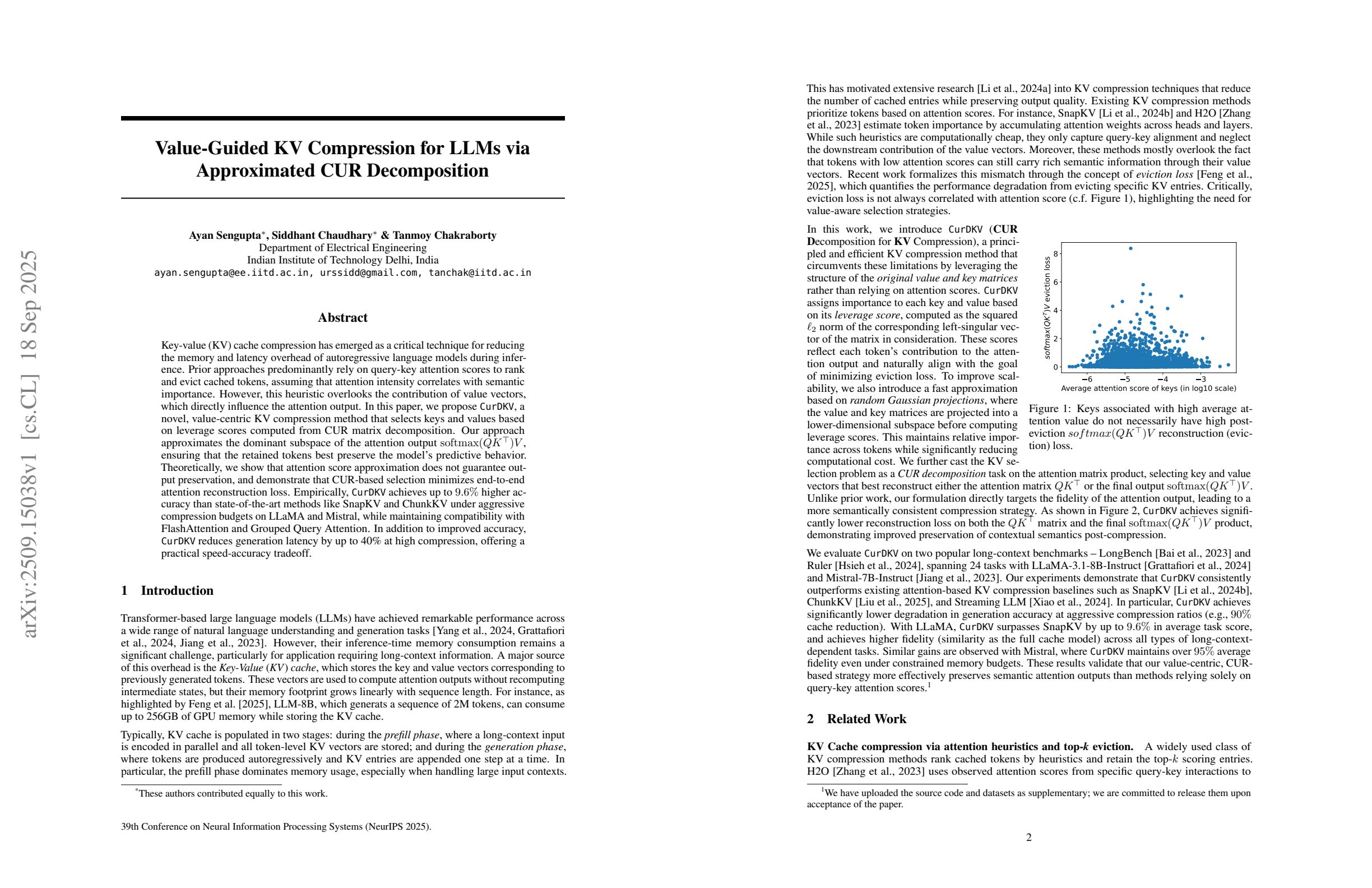 Value-Guided KV Compression for LLMs via Approximated CUR Decomposition