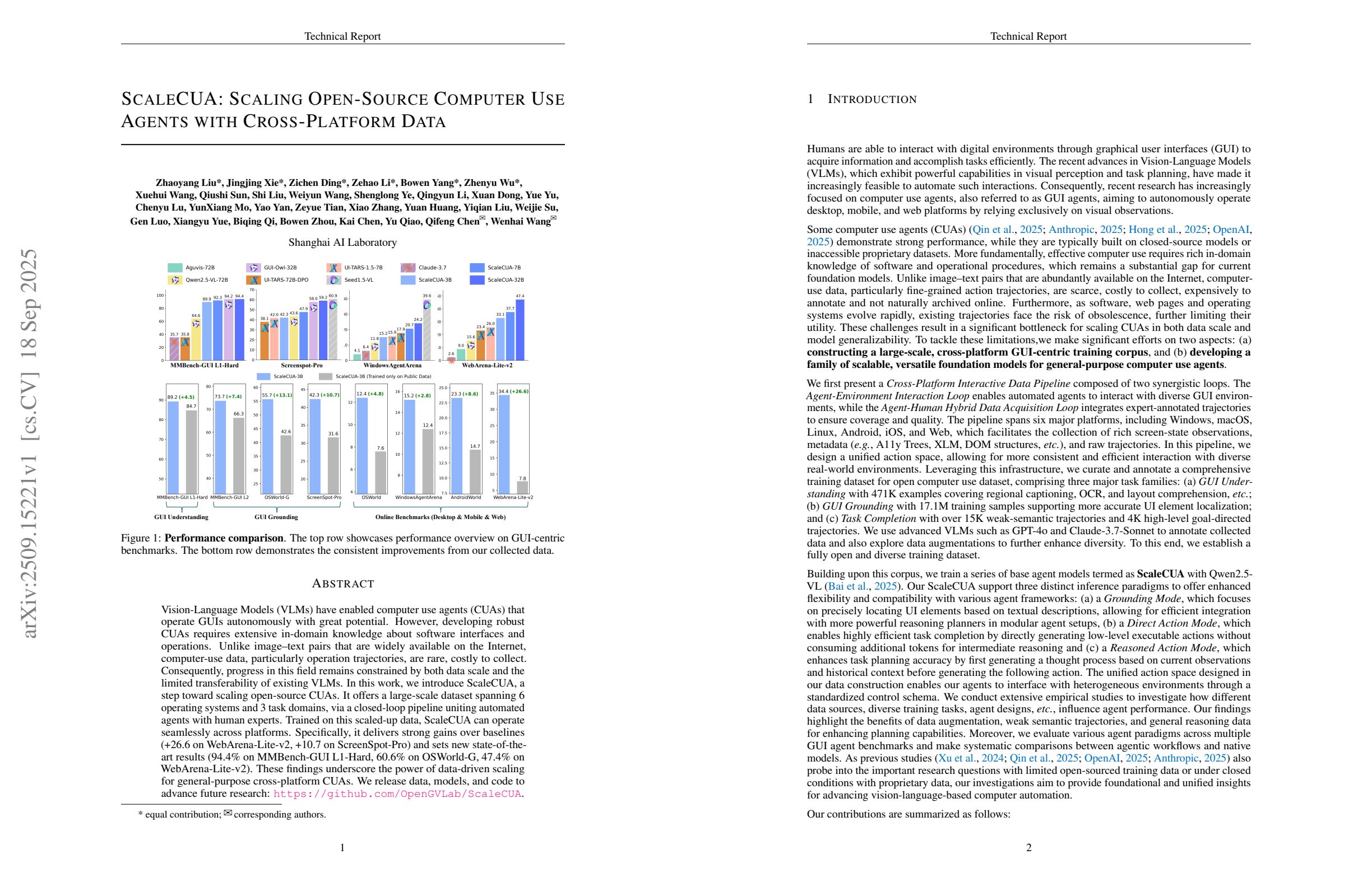 ScaleCUA: Scaling Open-Source Computer Use Agents with Cross-Platform Data