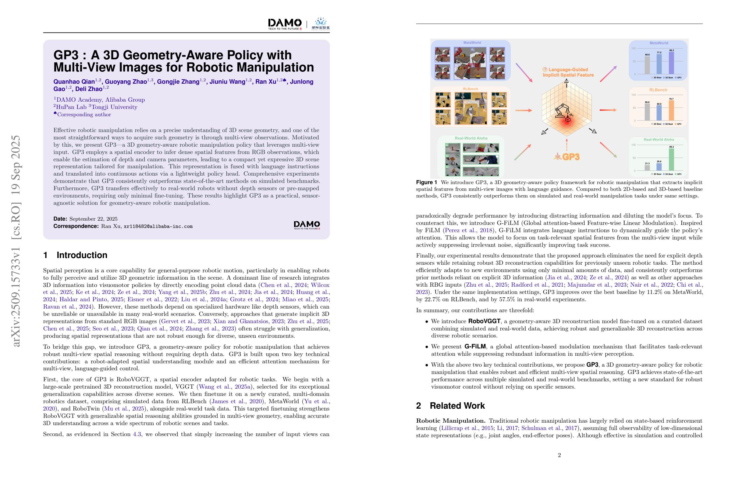 GP3: A 3D Geometry-Aware Policy with Multi-View Images for Robotic Manipulation