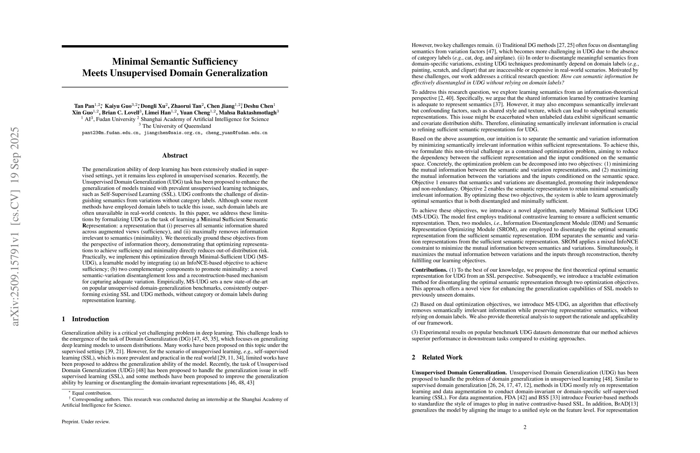 Minimal Semantic Sufficiency Meets Unsupervised Domain Generalization