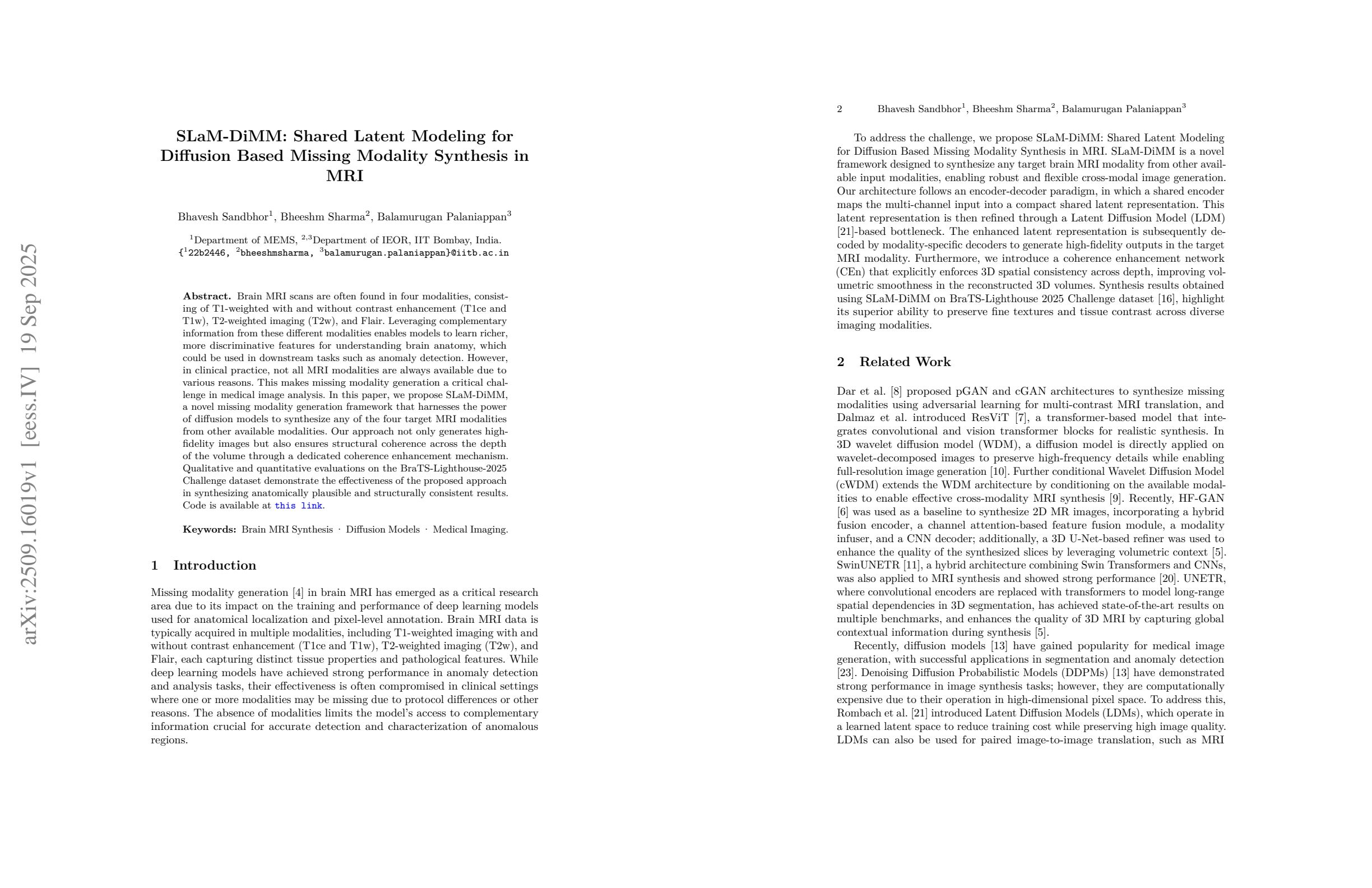 SLaM-DiMM: Shared Latent Modeling for Diffusion Based Missing Modality Synthesis in MRI