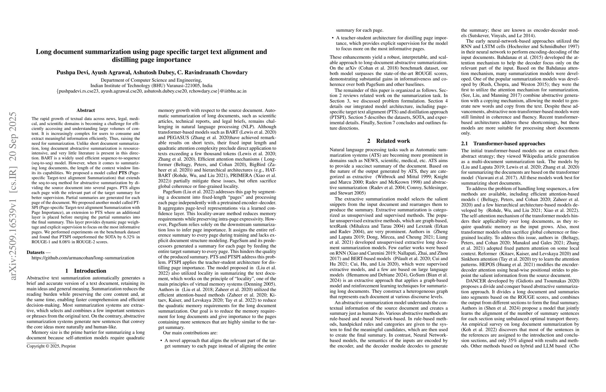 Long document summarization using page specific target text alignment ...