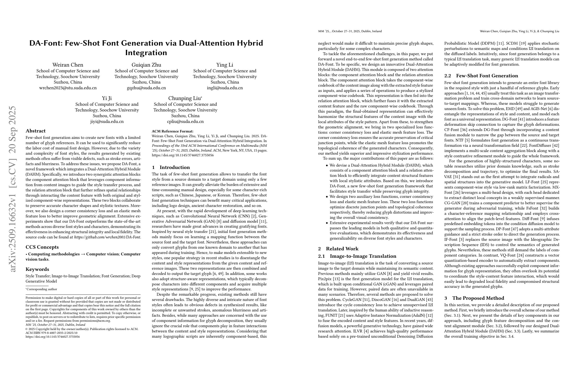 DA-Font: Few-Shot Font Generation via Dual-Attention Hybrid Integration