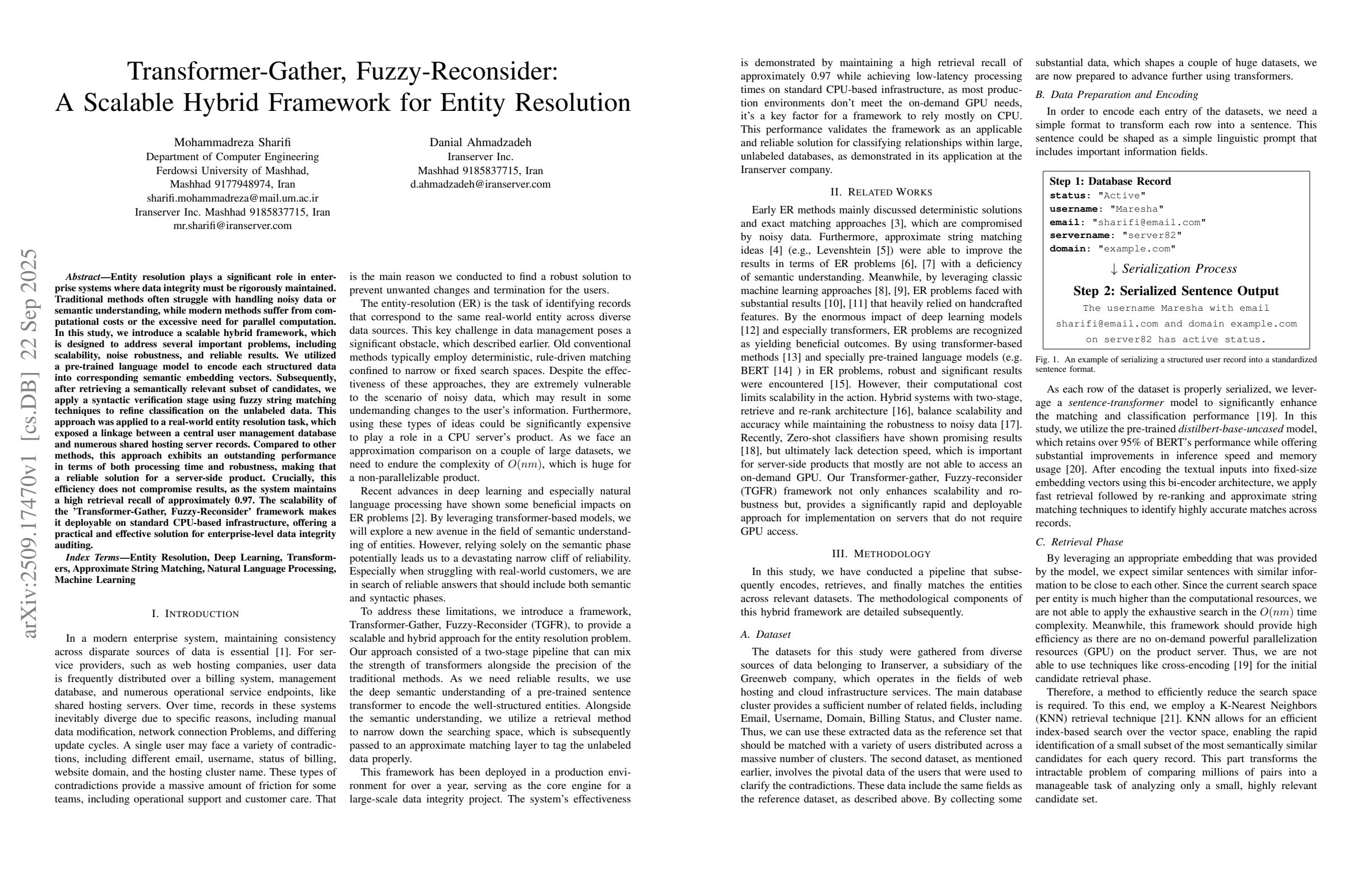 Transformer-Gather, Fuzzy-Reconsider: A Scalable Hybrid Framework for Entity Resolution