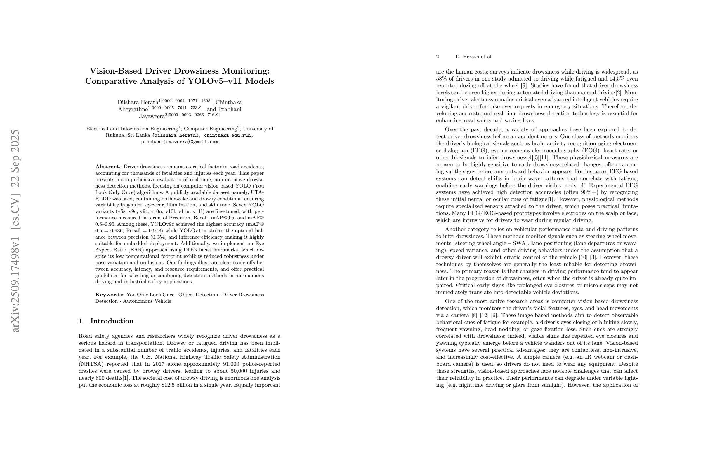 Vision-Based Driver Drowsiness Monitoring: Comparative Analysis of YOLOv5-v11 Models