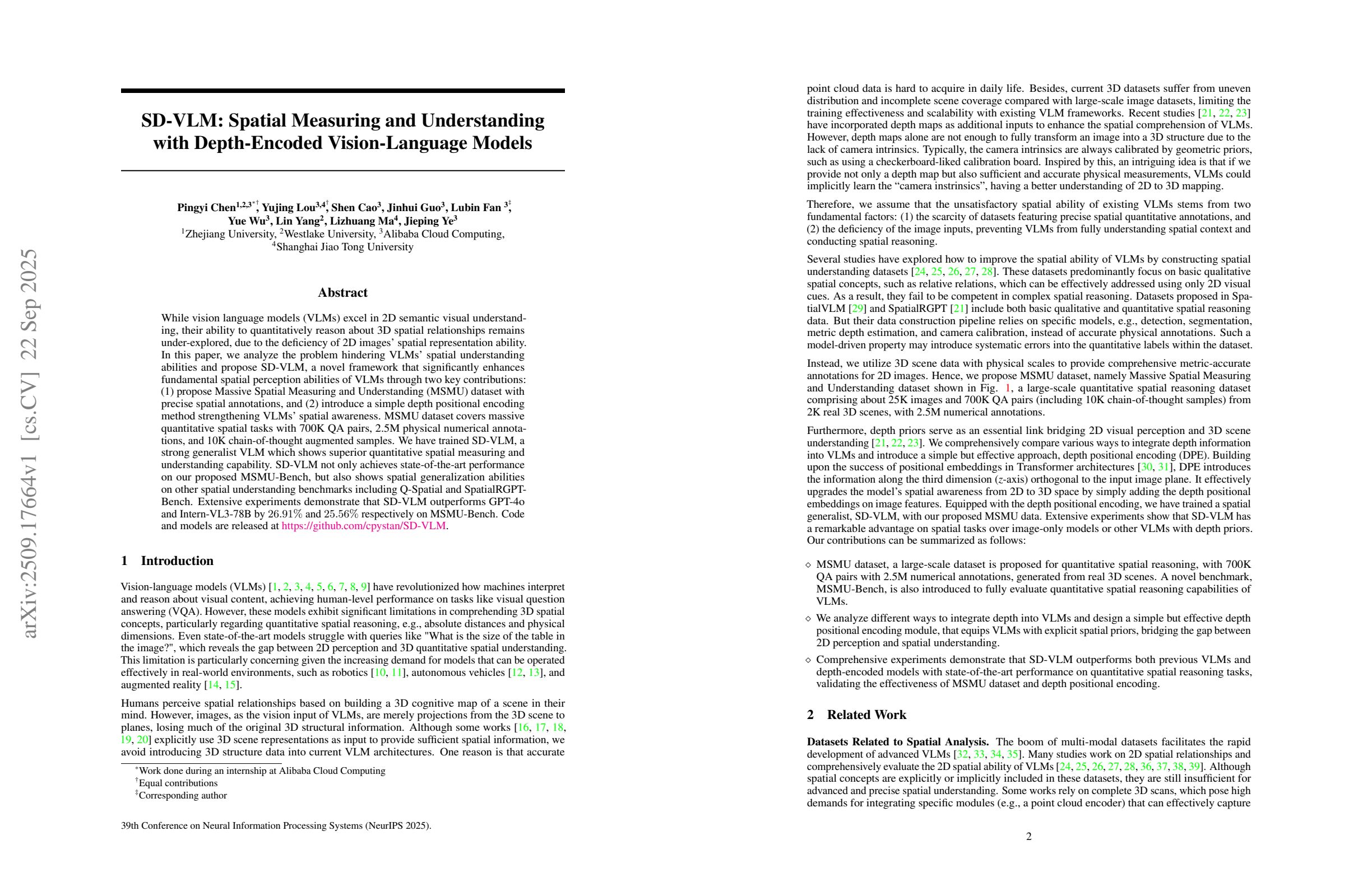 SD-VLM: Spatial Measuring and Understanding with Depth-Encoded Vision-Language Models