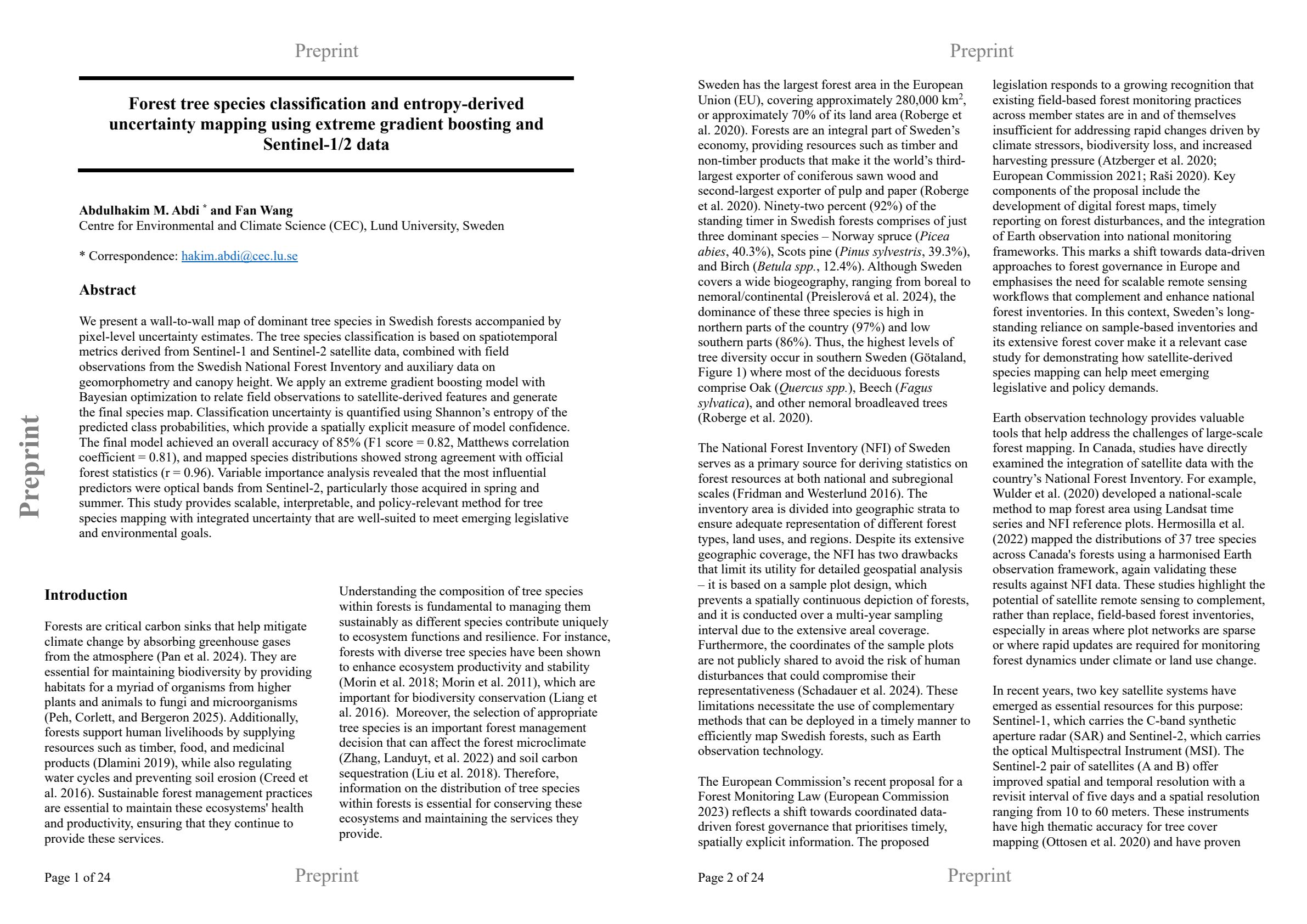 Forest tree species classification and entropy-derived uncertainty mapping using extreme ...
