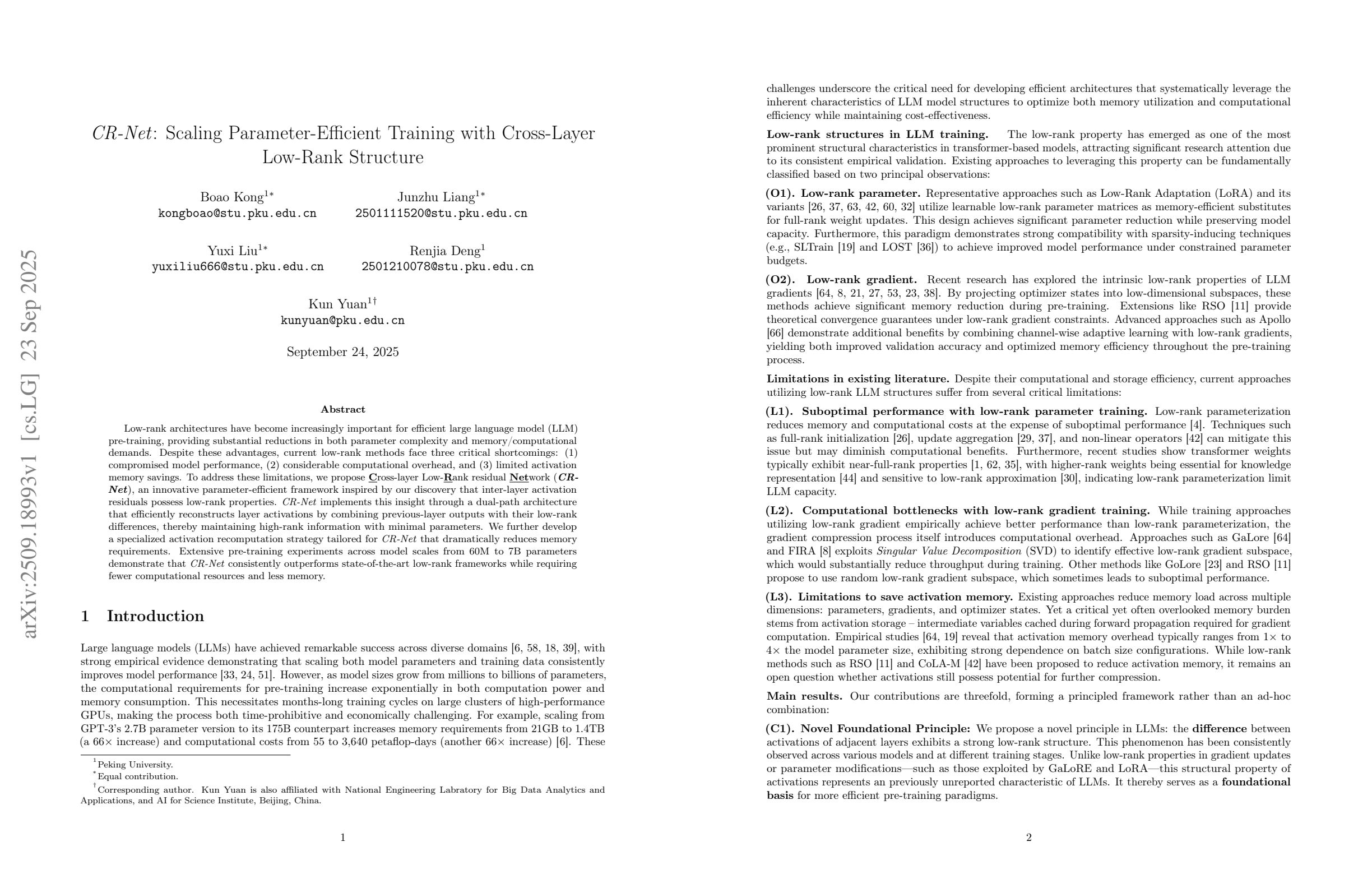 CR-Net: Scaling Parameter-Efficient Training with Cross-Layer Low-Rank ...