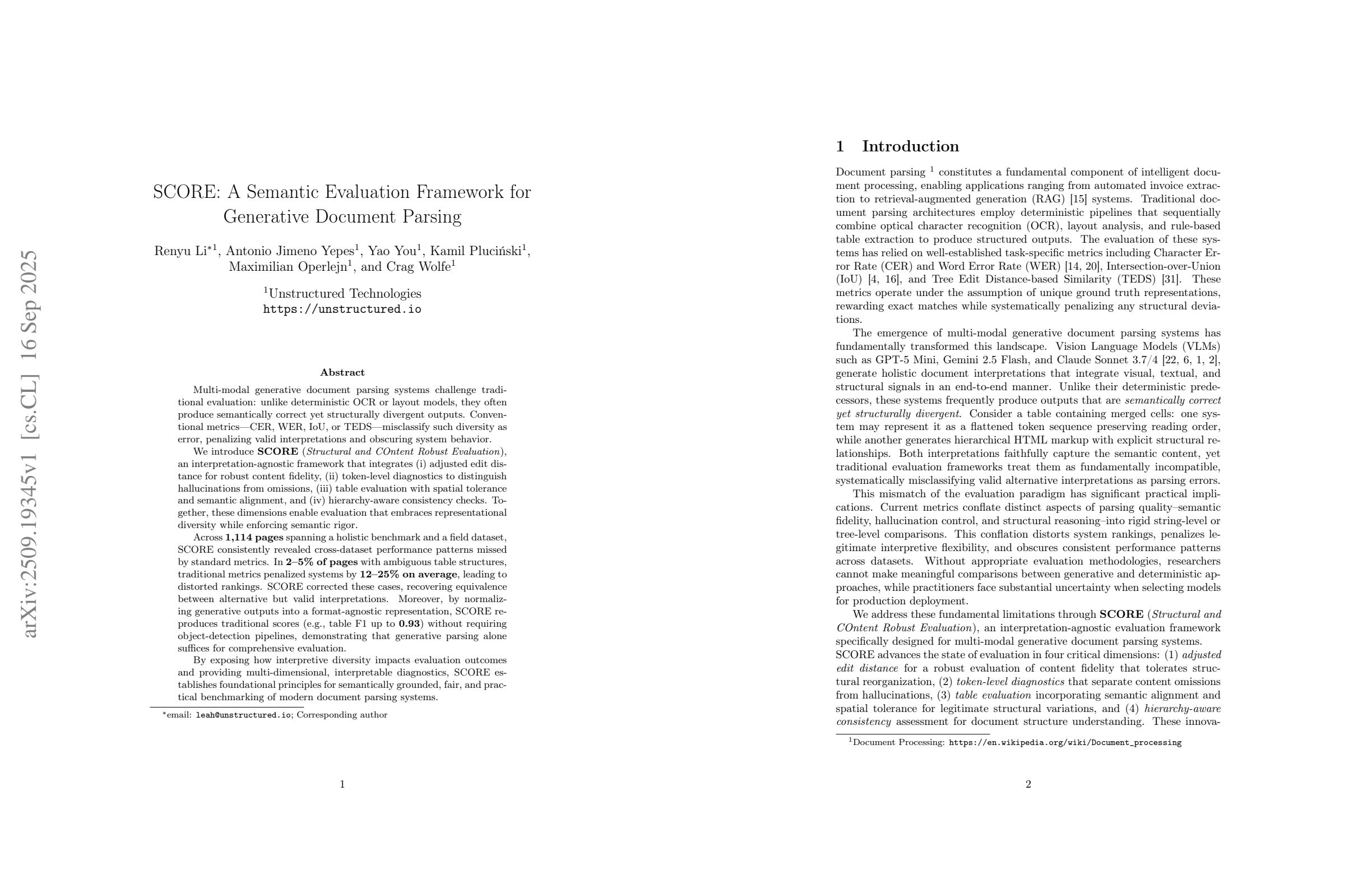SCORE: A Semantic Evaluation Framework for Generative Document Parsing